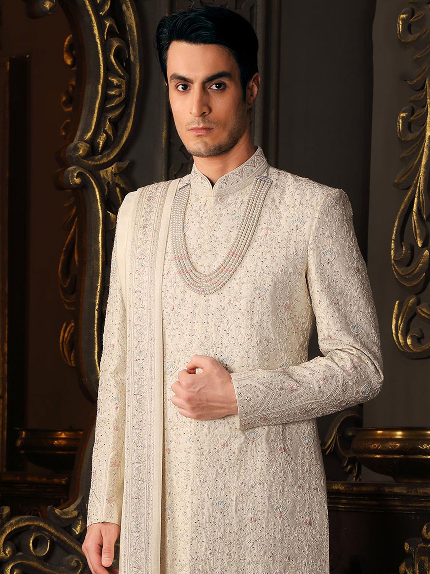 Cream Hand Embroidered Readymade Silk Sherwani Set