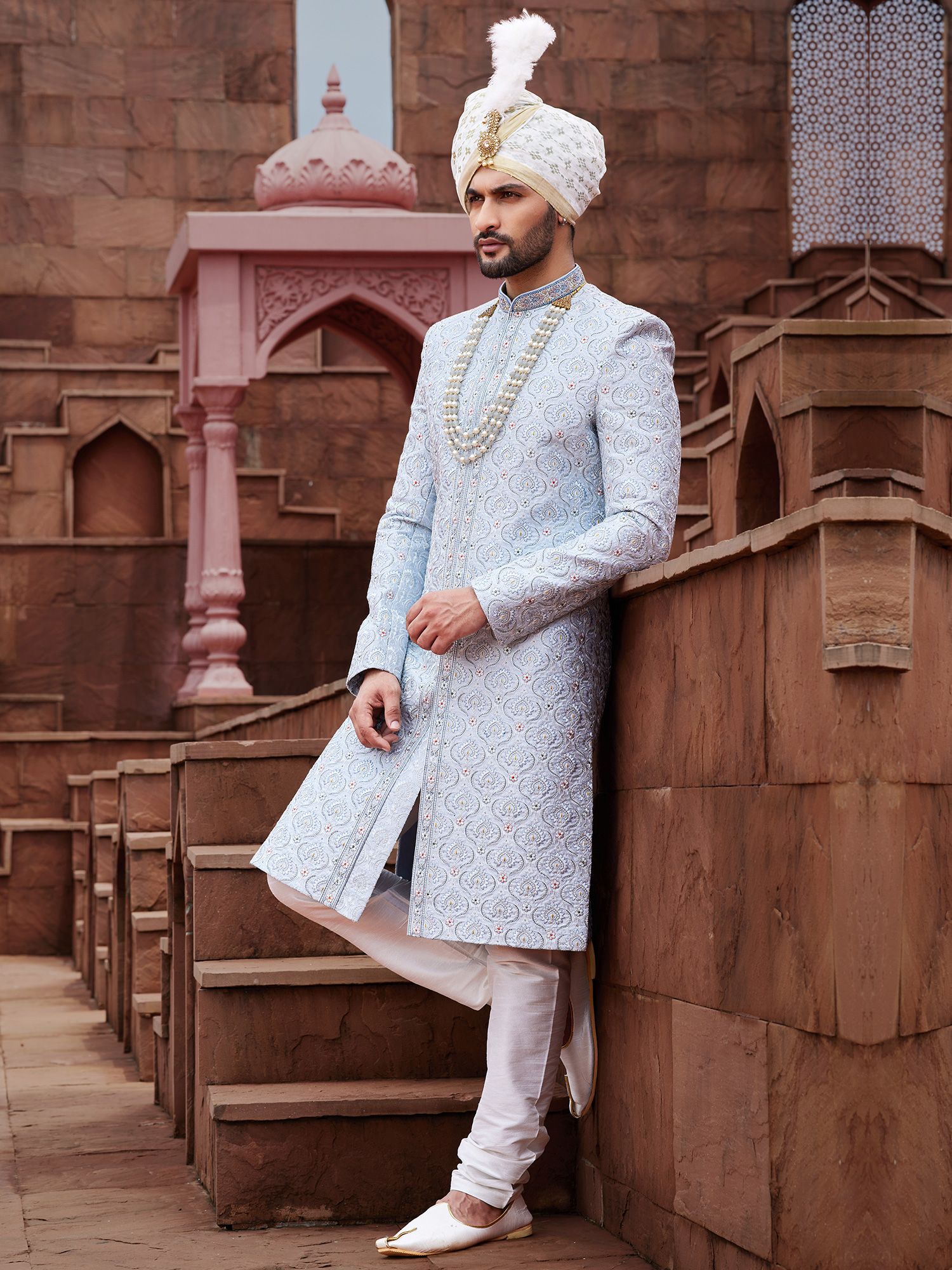 Light Blue Achkan Styled Readymade Sherwani In Silk