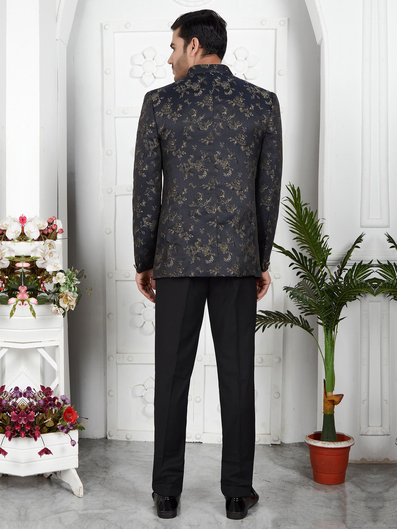 Black Floral Woven Jacquard Jodhpuri Set