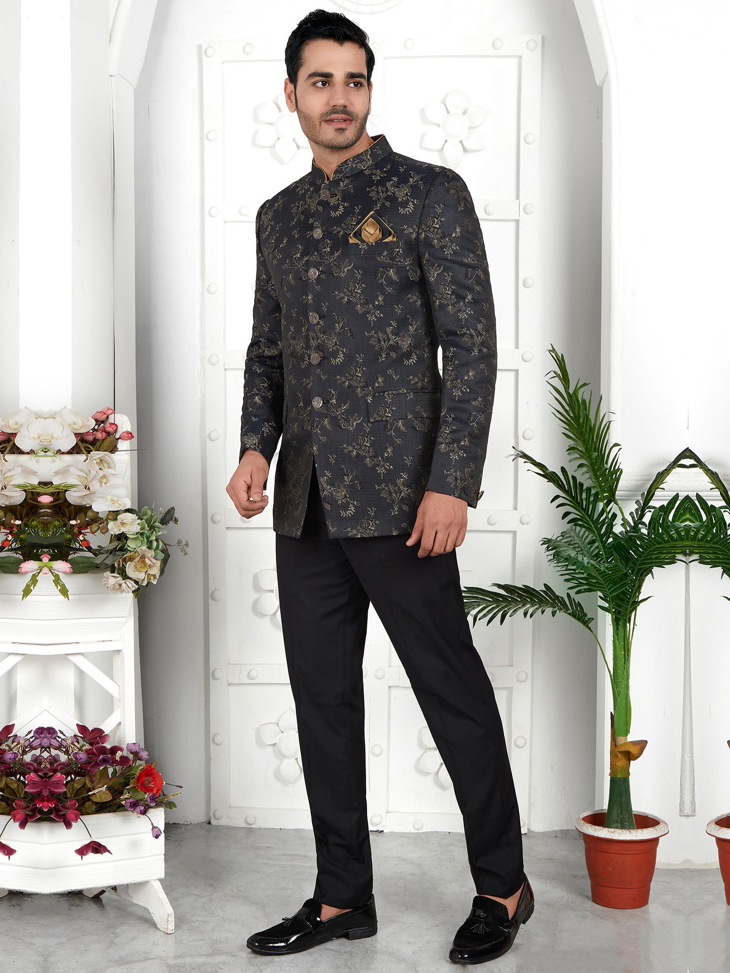 Black Floral Woven Jacquard Jodhpuri Set