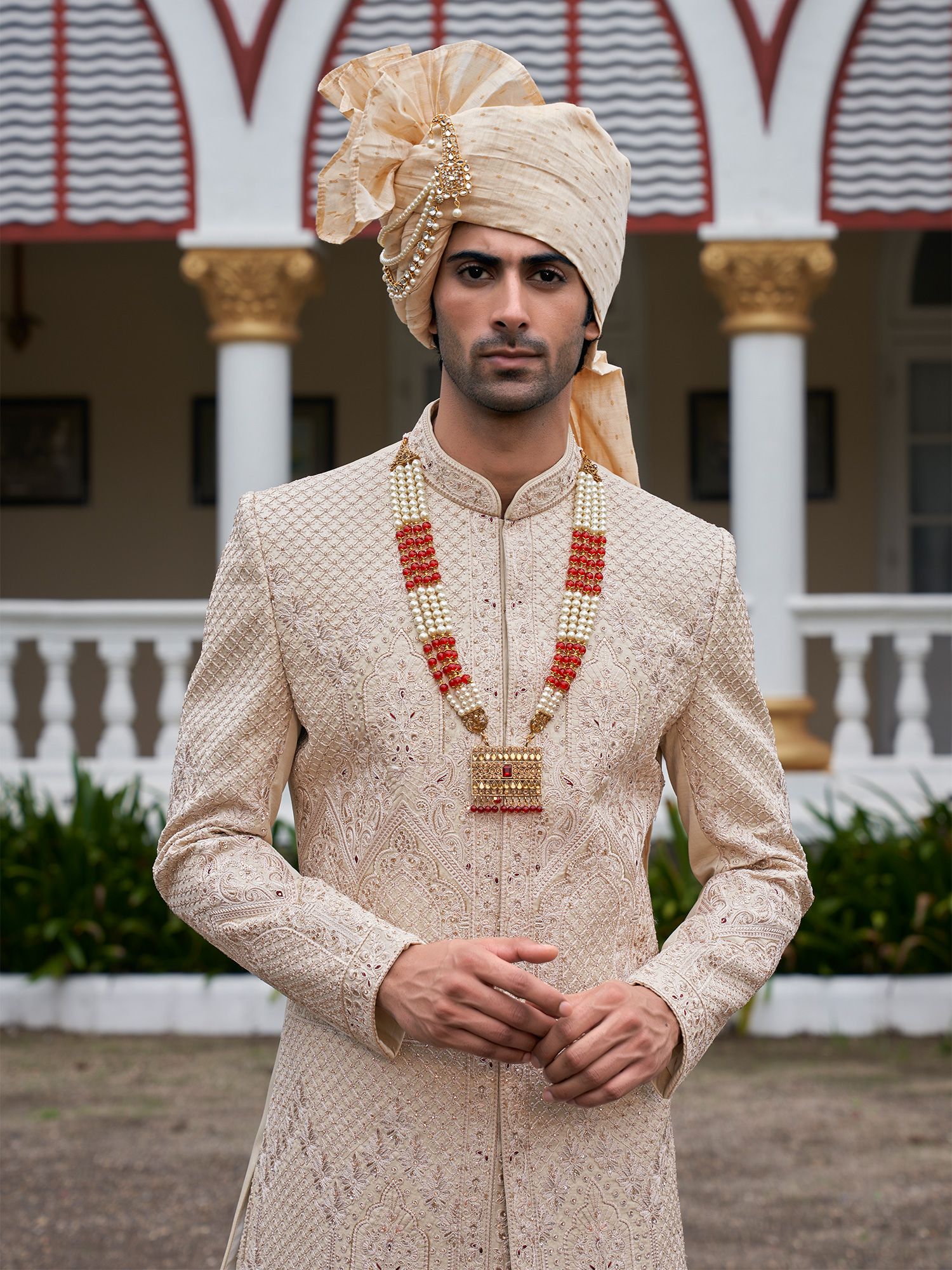 Cream Heavy Thread Embroidered Sherwani For Mens