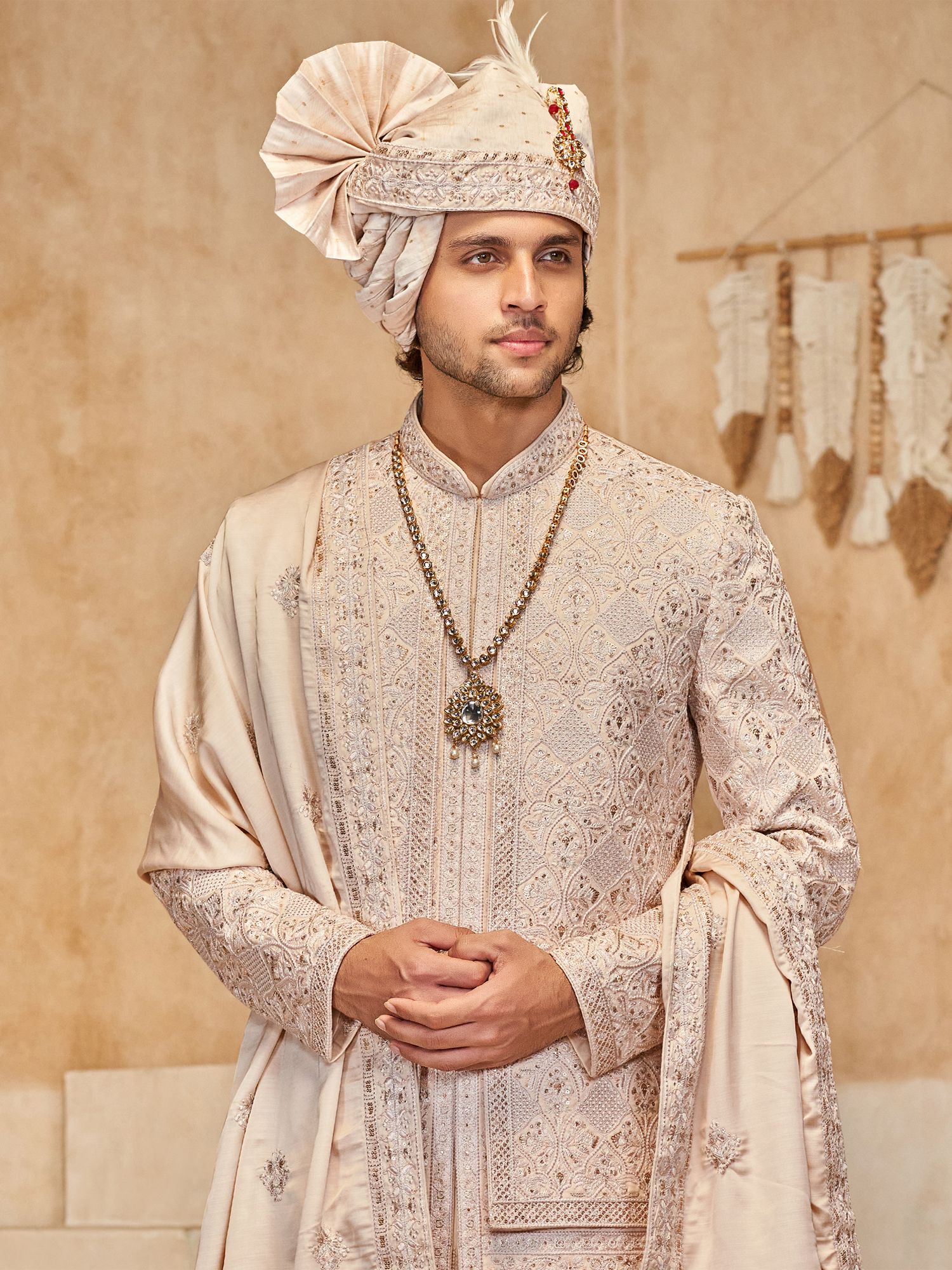 Cream Stone Embroidered Sherwani For Groom