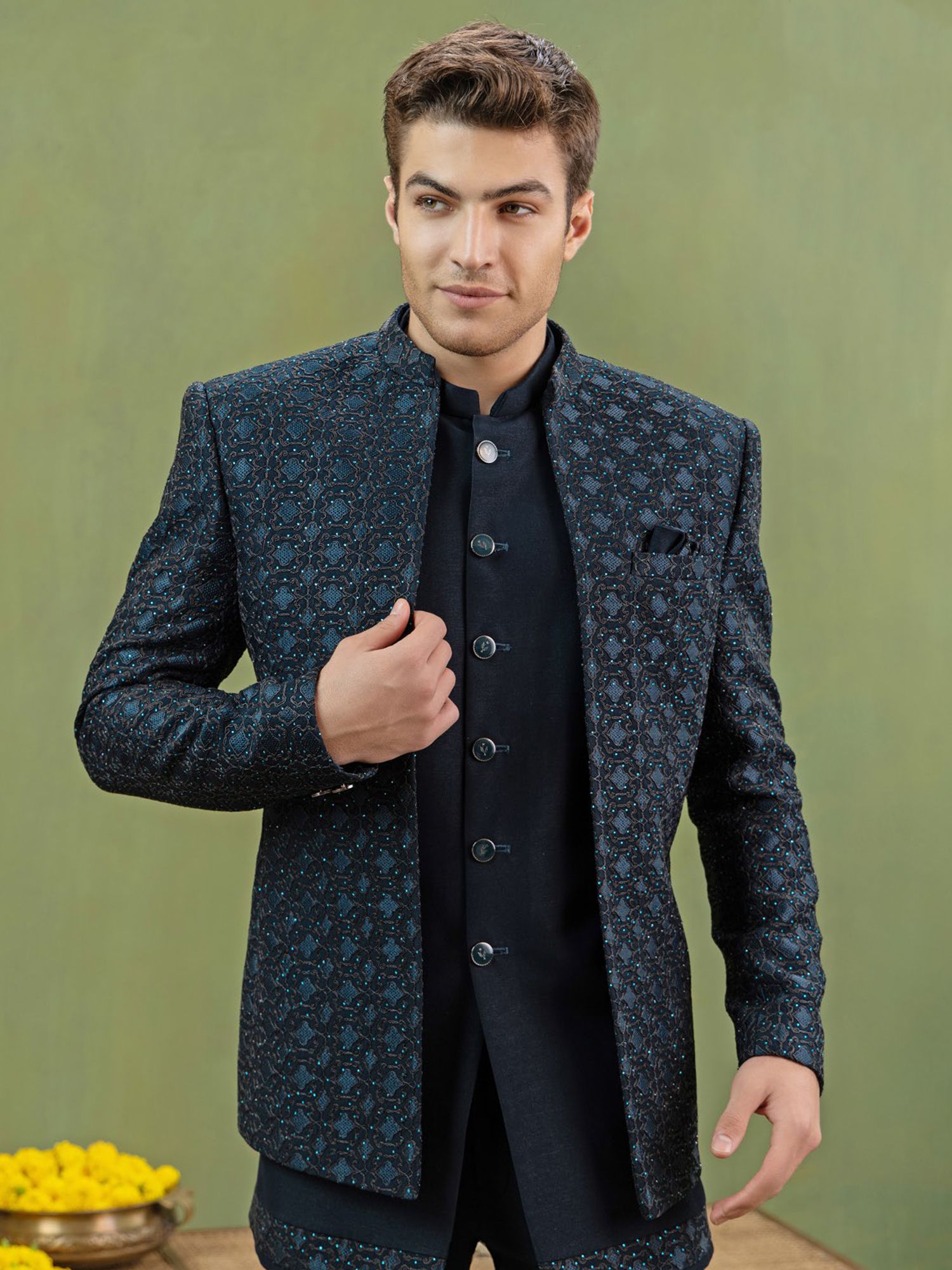 Dark Blue Stone Work Mandarin Set For Men