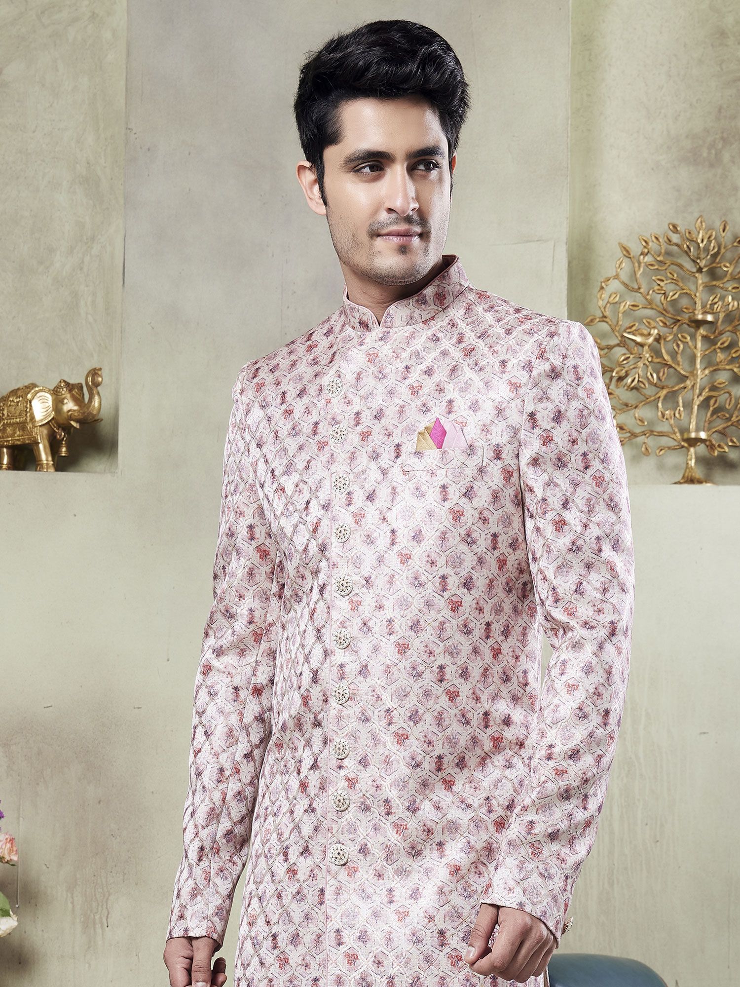 Light Pink Printed Festive Sherwani In Indo Style