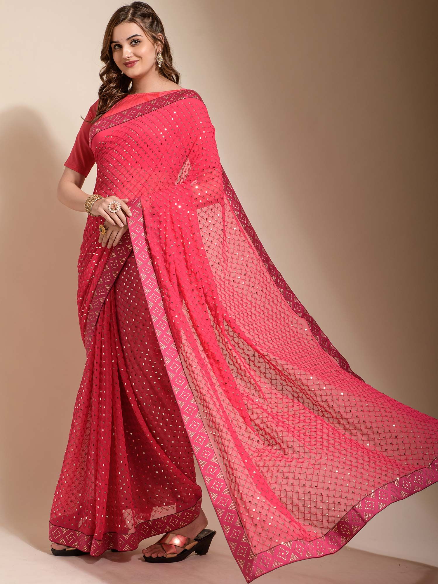 Pink Sequined Saree In Georgette
