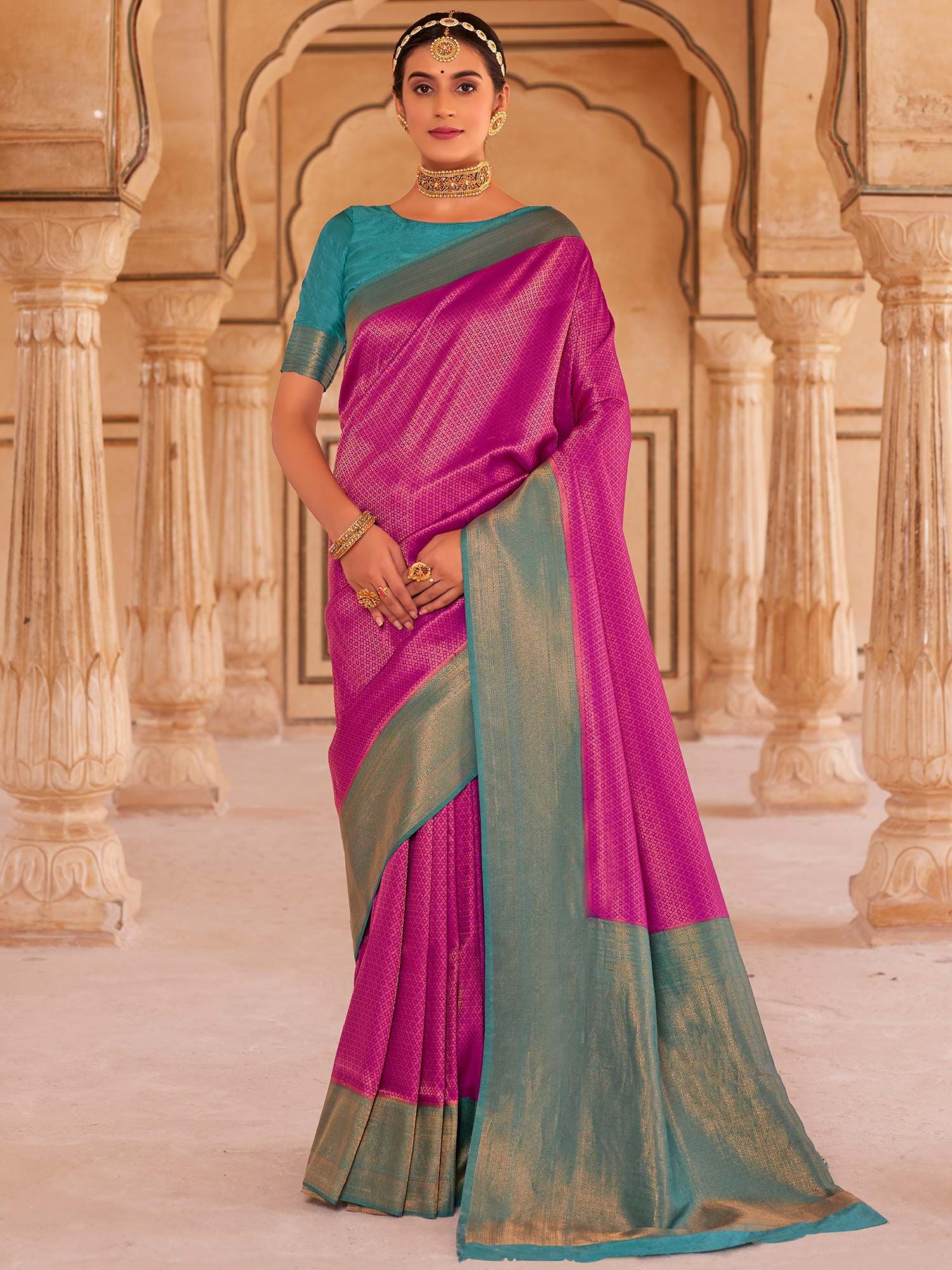 Pink Wedding Zari Woven Saree In Silk