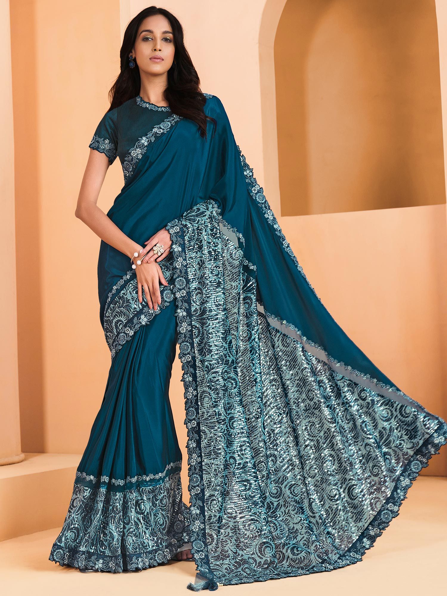 Blue Embroidered Cocktail Saree In Satin