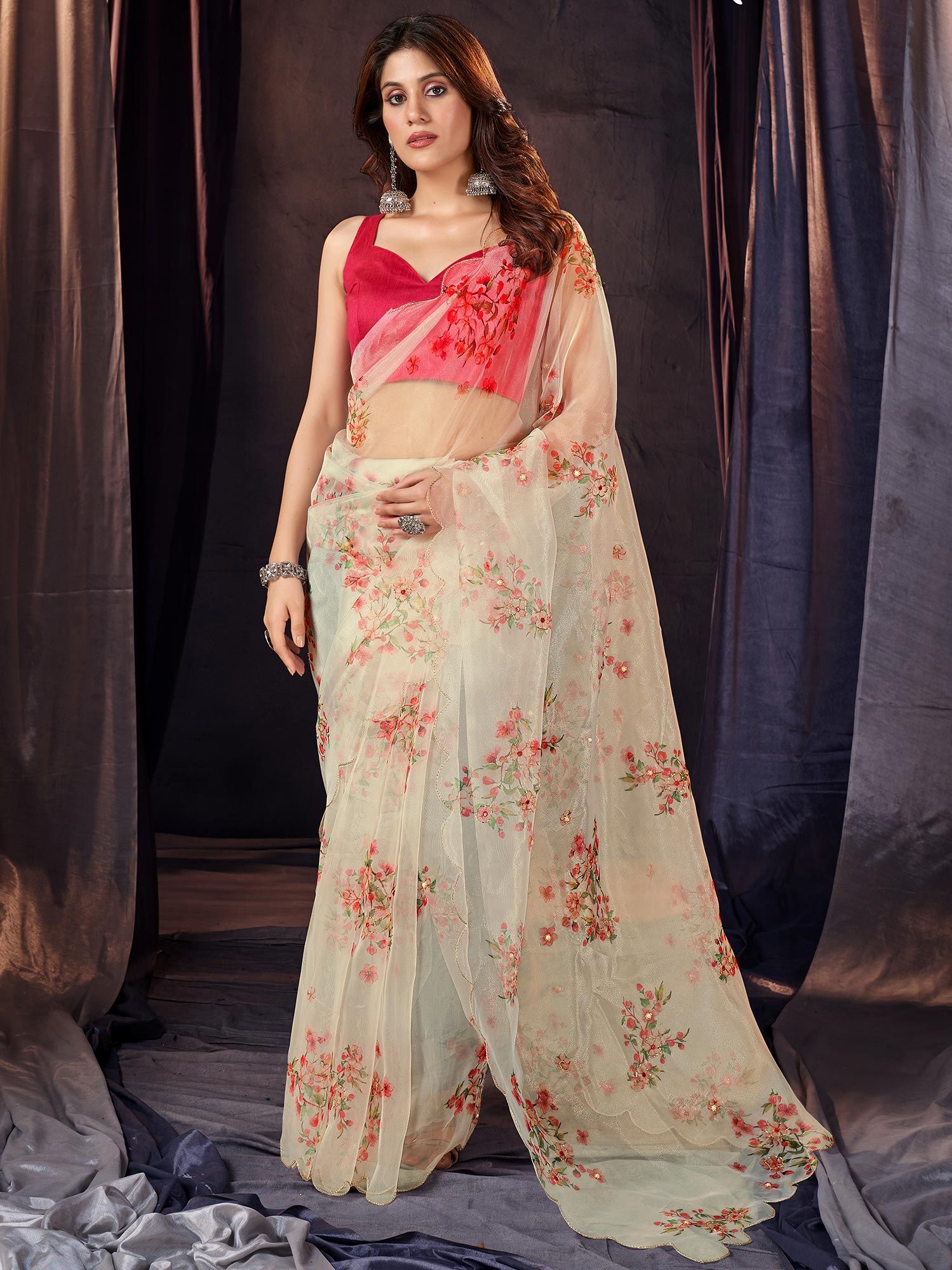 Off White Floral Print Saree In Organza