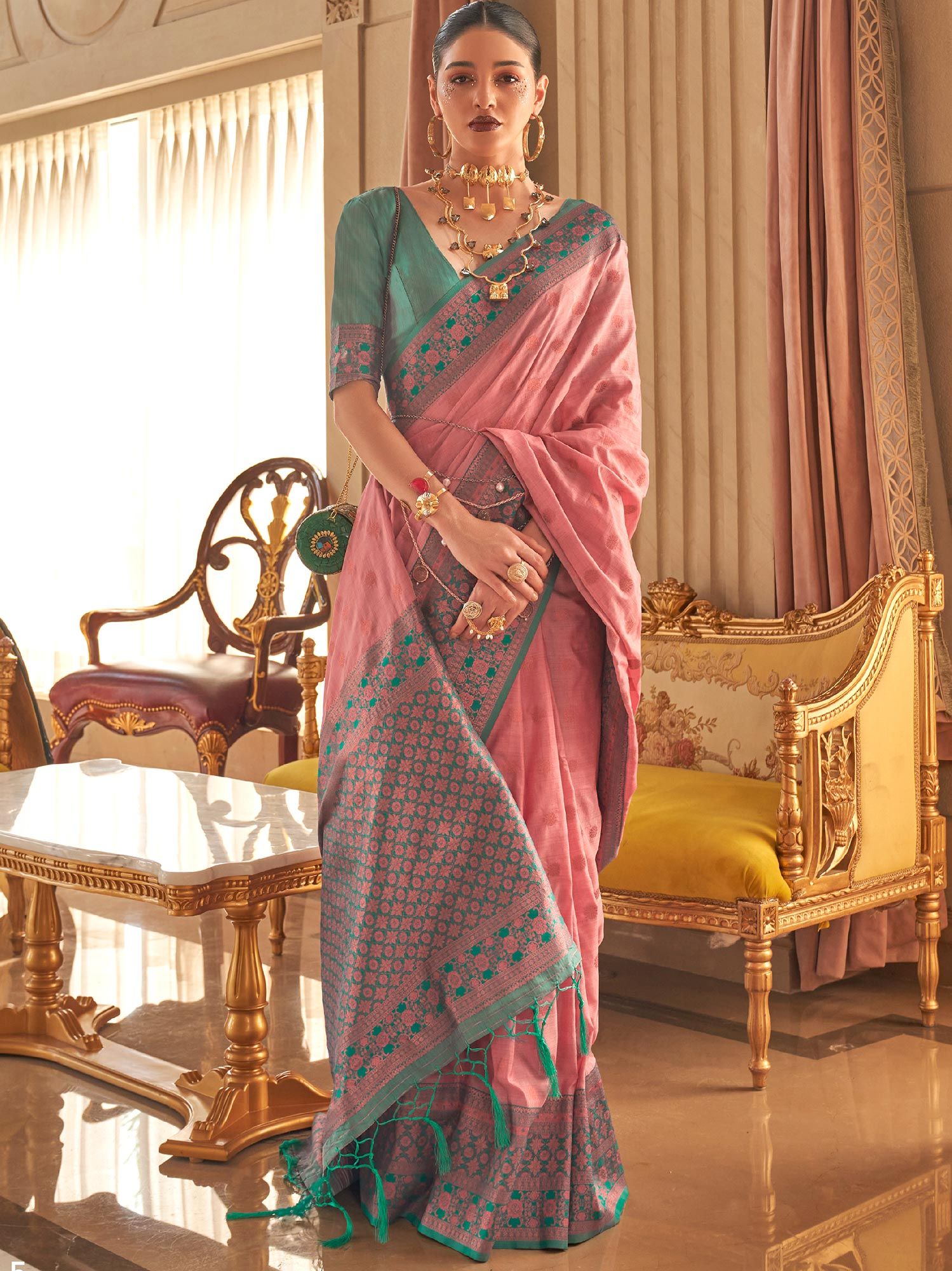 Pink Festive Silk Saree With Contrast Borders