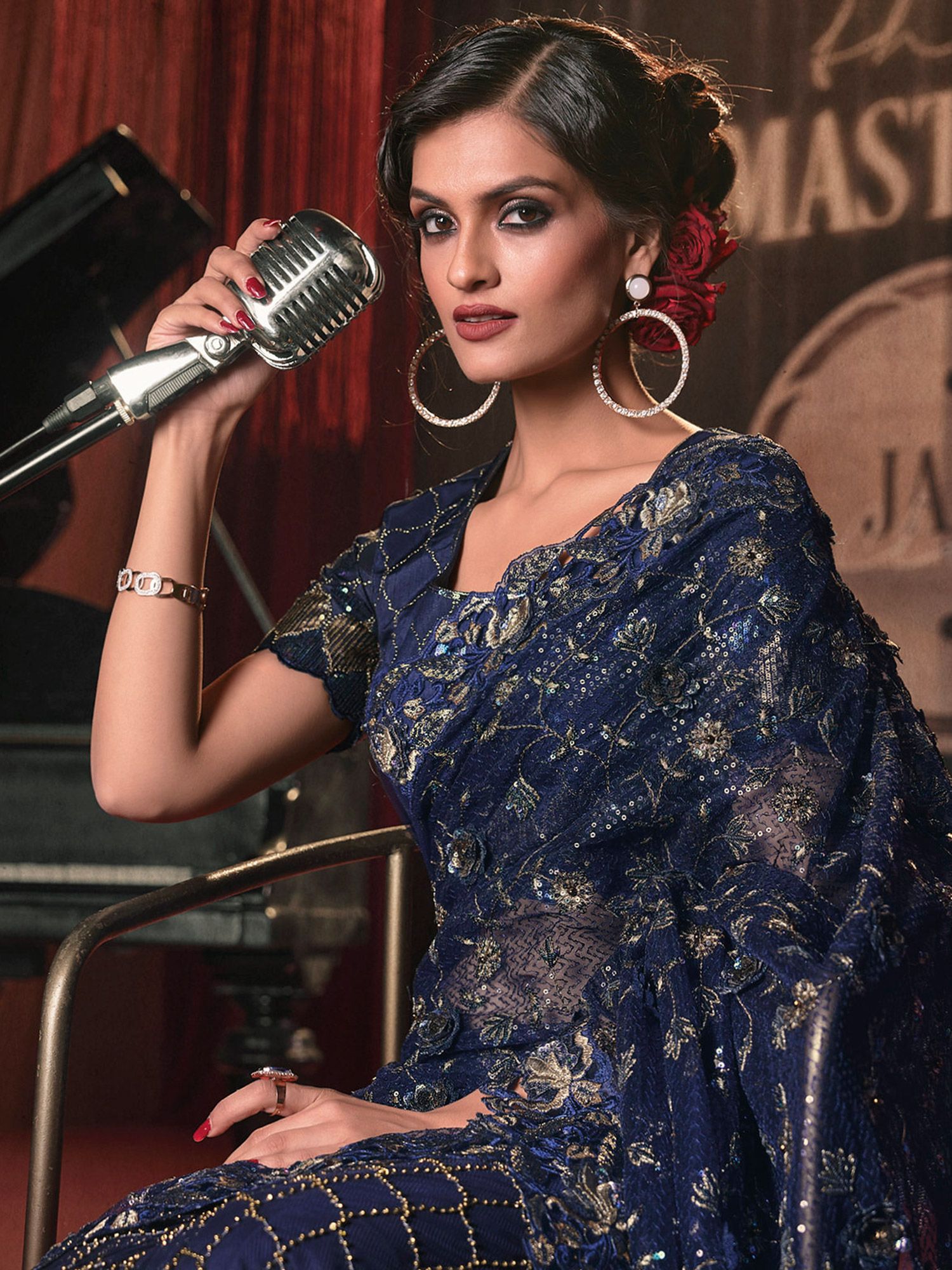 Blue Cocktail Saree With Stone Work In Net
