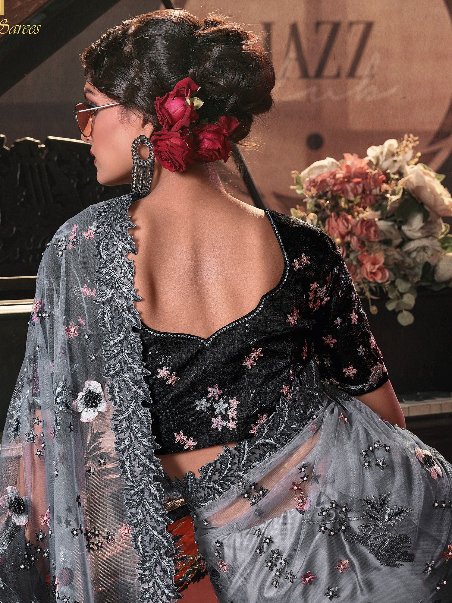 Grey Thread Work Saree In Net With Blouse