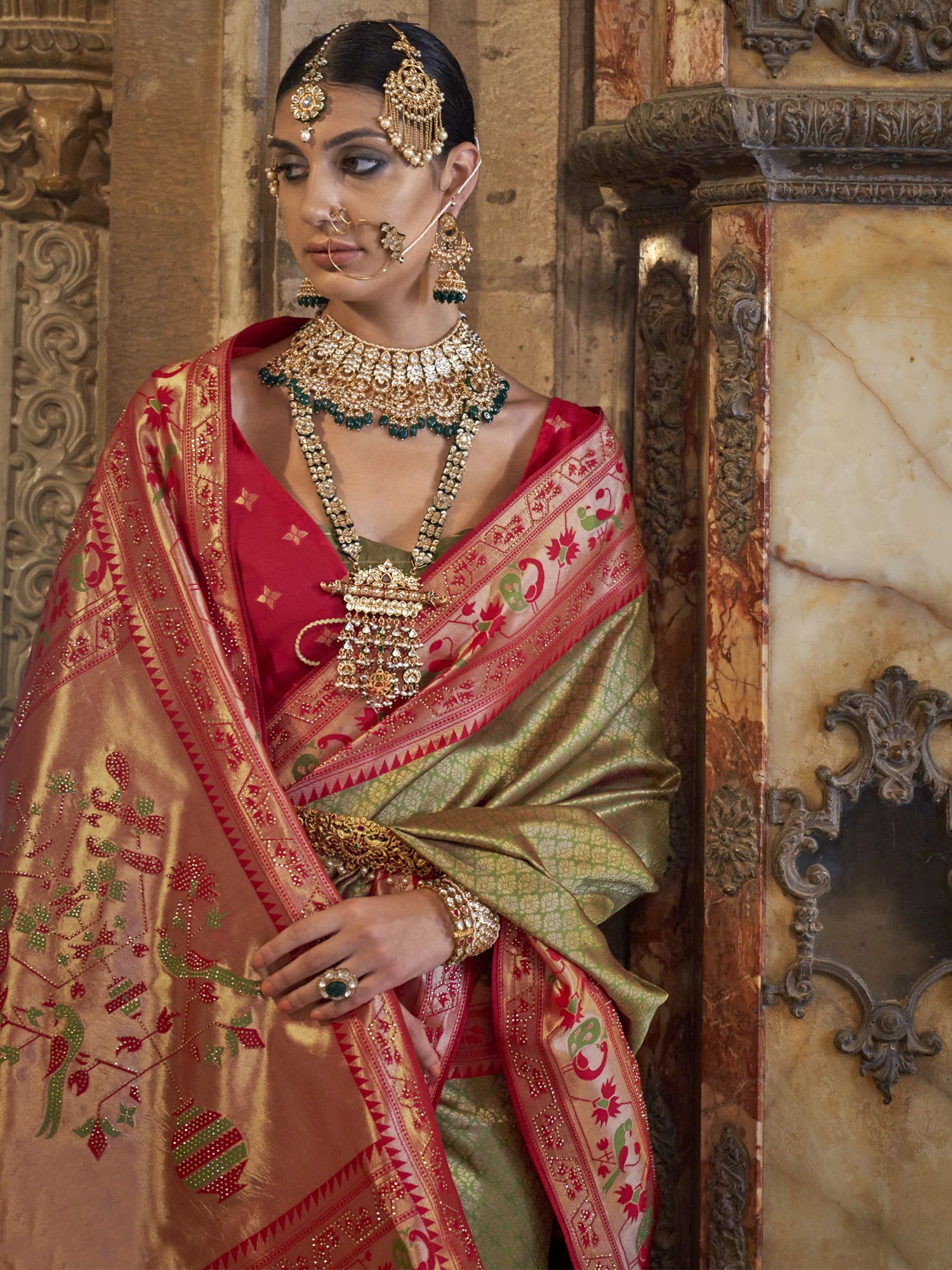 Green Traditional Banarasi Silk Saree In Weaving