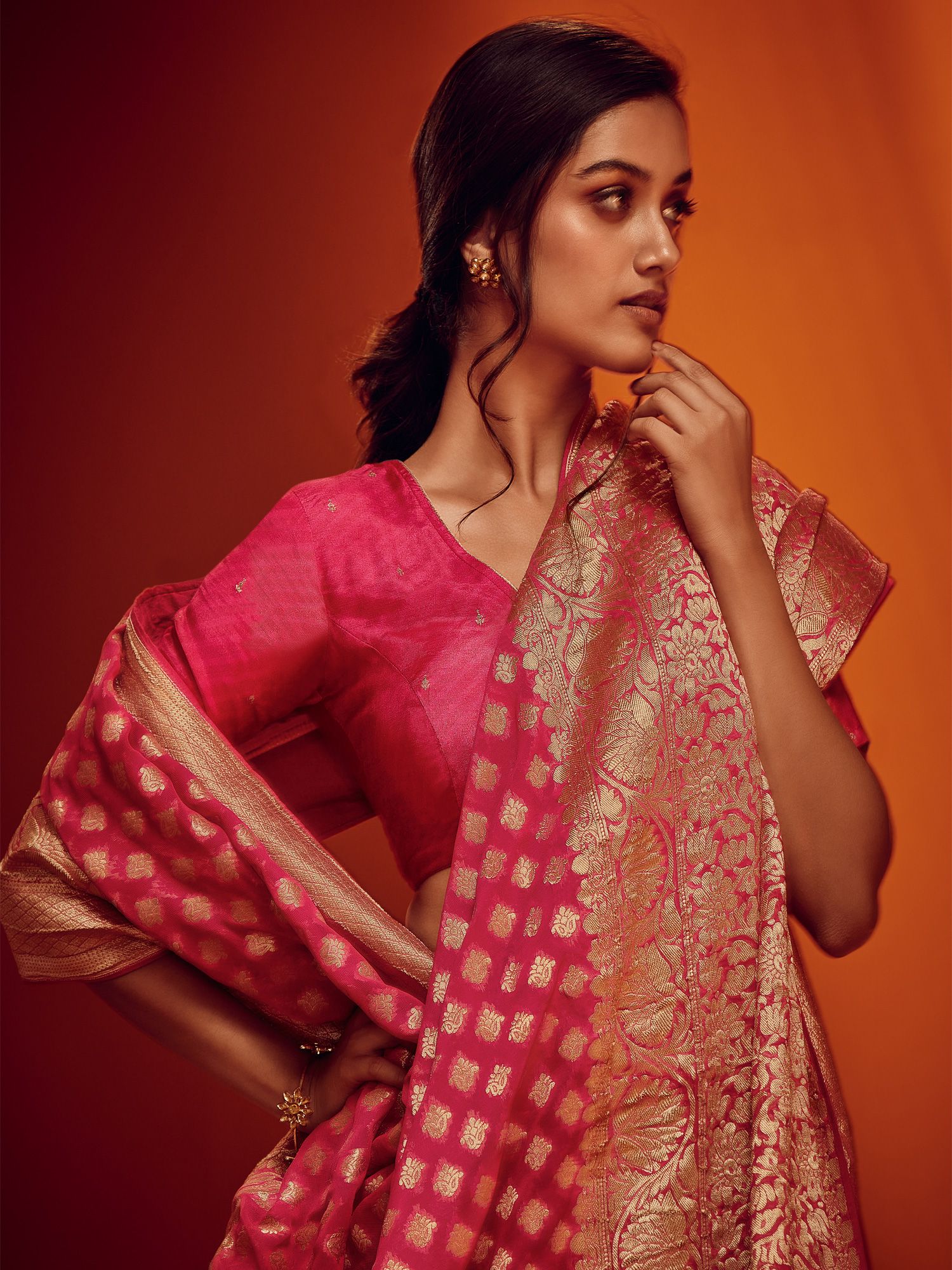 Pink Bridal Zari Work Saree In Georgette