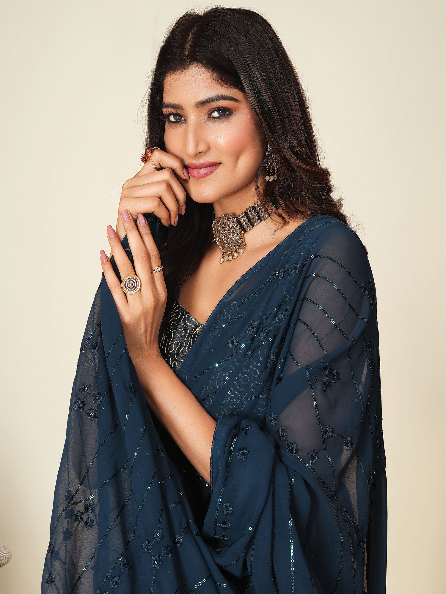 Dark Blue Saree In Georgette With Sequined Blouse
