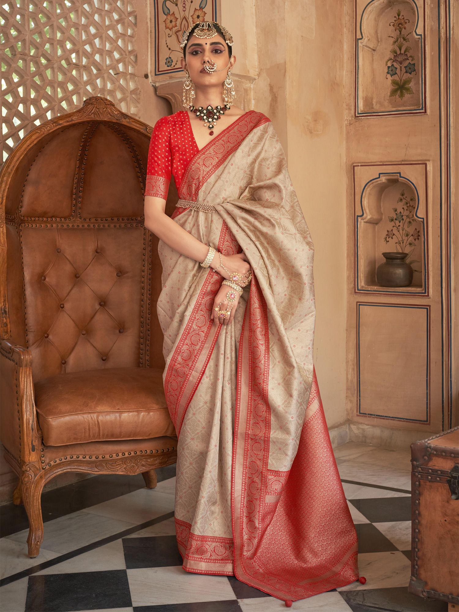 Beige Traditional Zari Work Saree In Silk