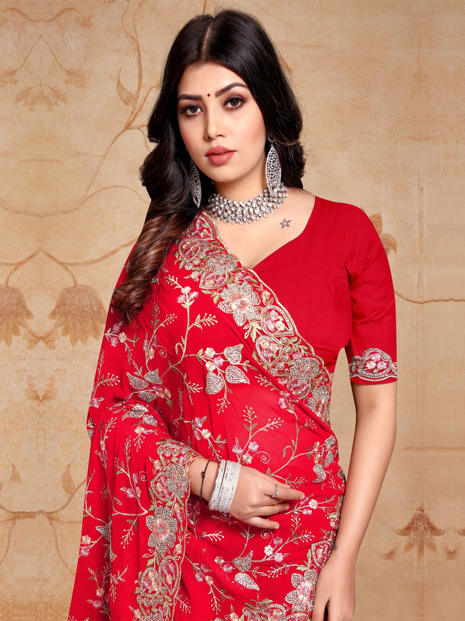 Red Floral Embroidered Border Saree In Georgette