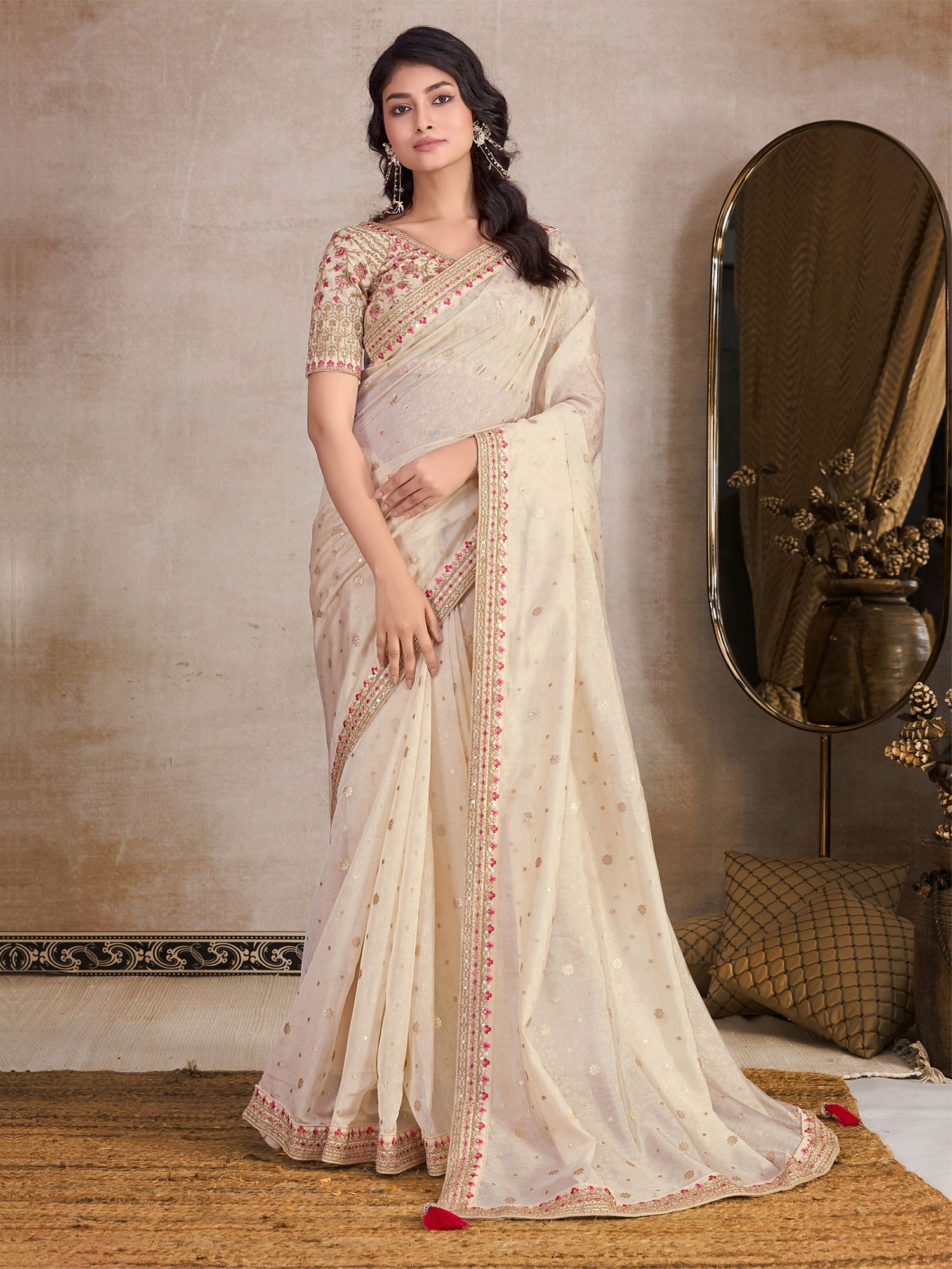 Ivory Cream Festive Saree In Organza Silk With Embroidered Border