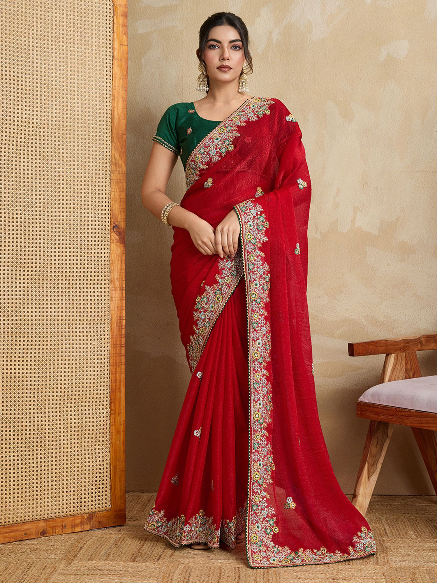 Cherry Red Festive Wear Bridal Saree