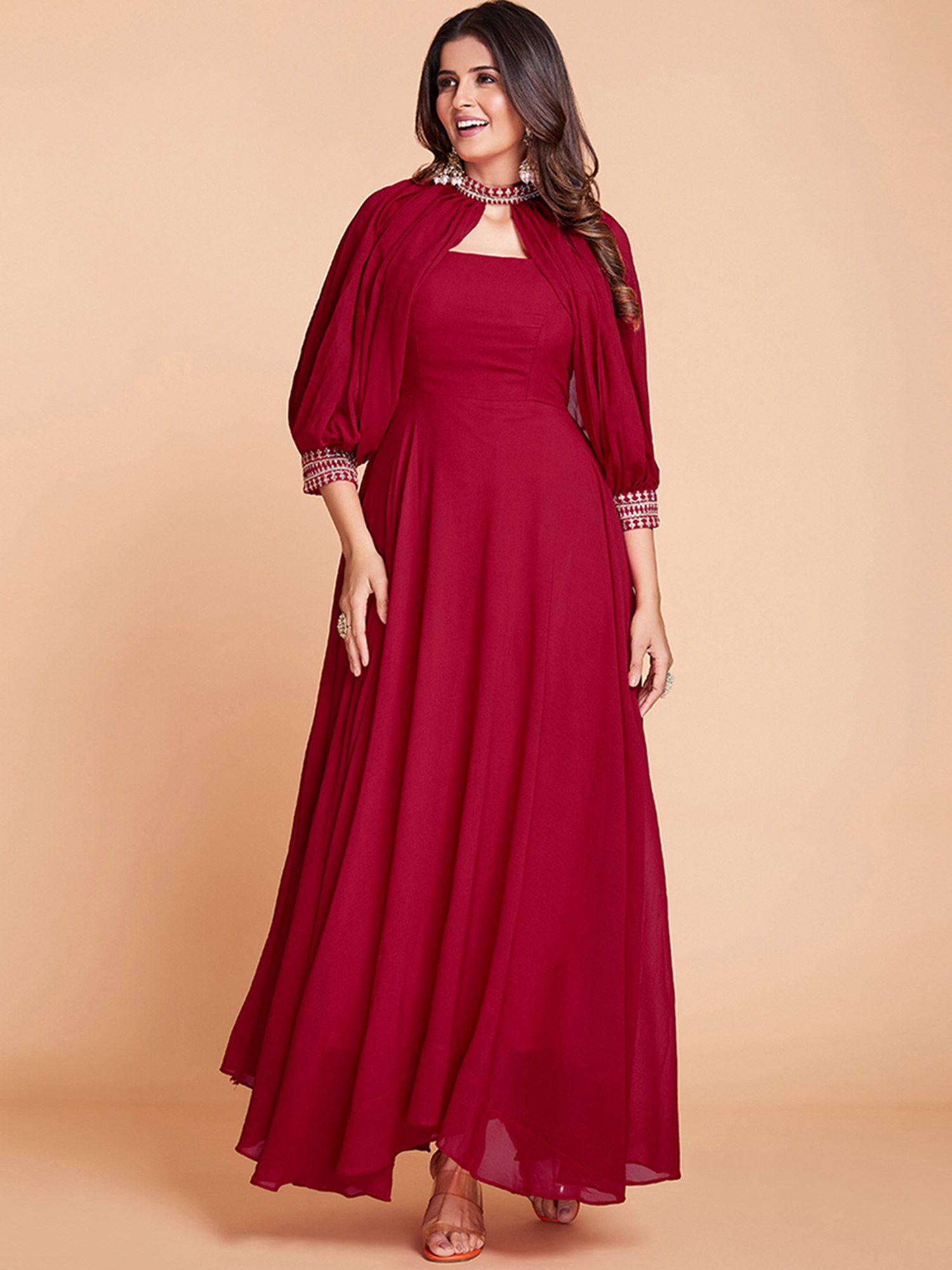 Red Georgette Gown With Jacketed Style