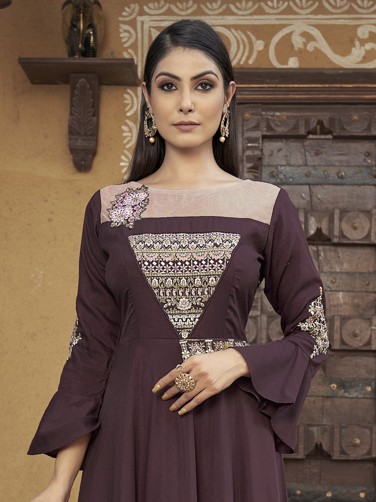 Maroon Floor Length Gown In Muslin Flare Style For Womens