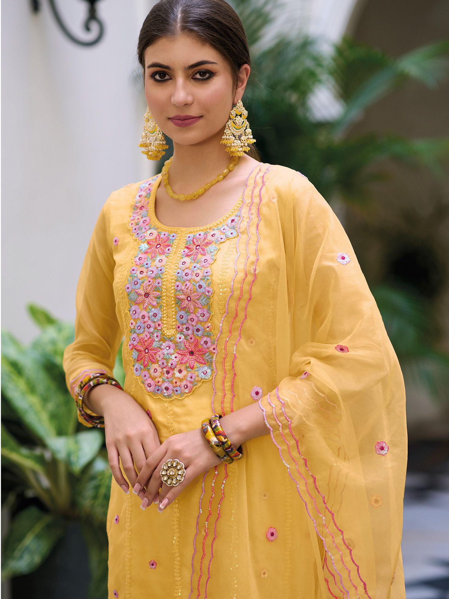 Yellow Sequins Embellished Suit Set With Dupatta