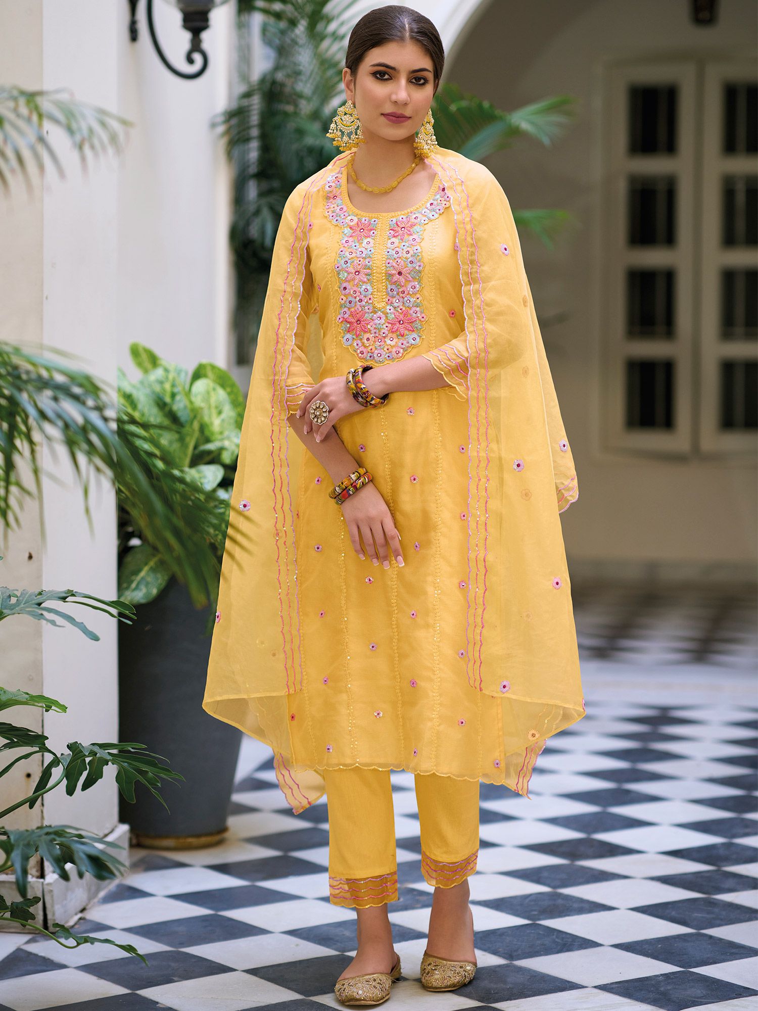 Yellow Sequins Embellished Suit Set With Dupatta