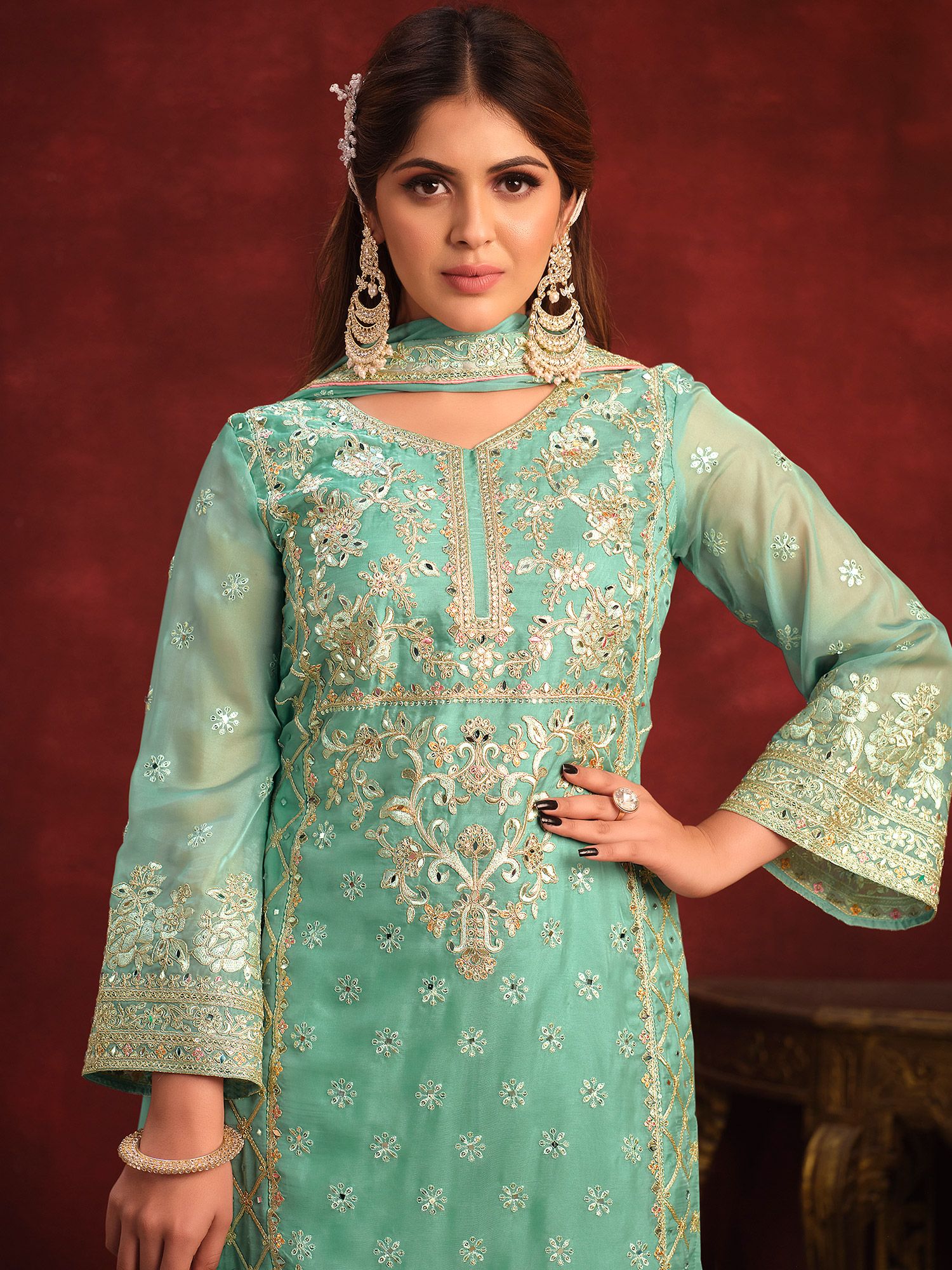 Turquoise Stone Embellished Pant Style Suit