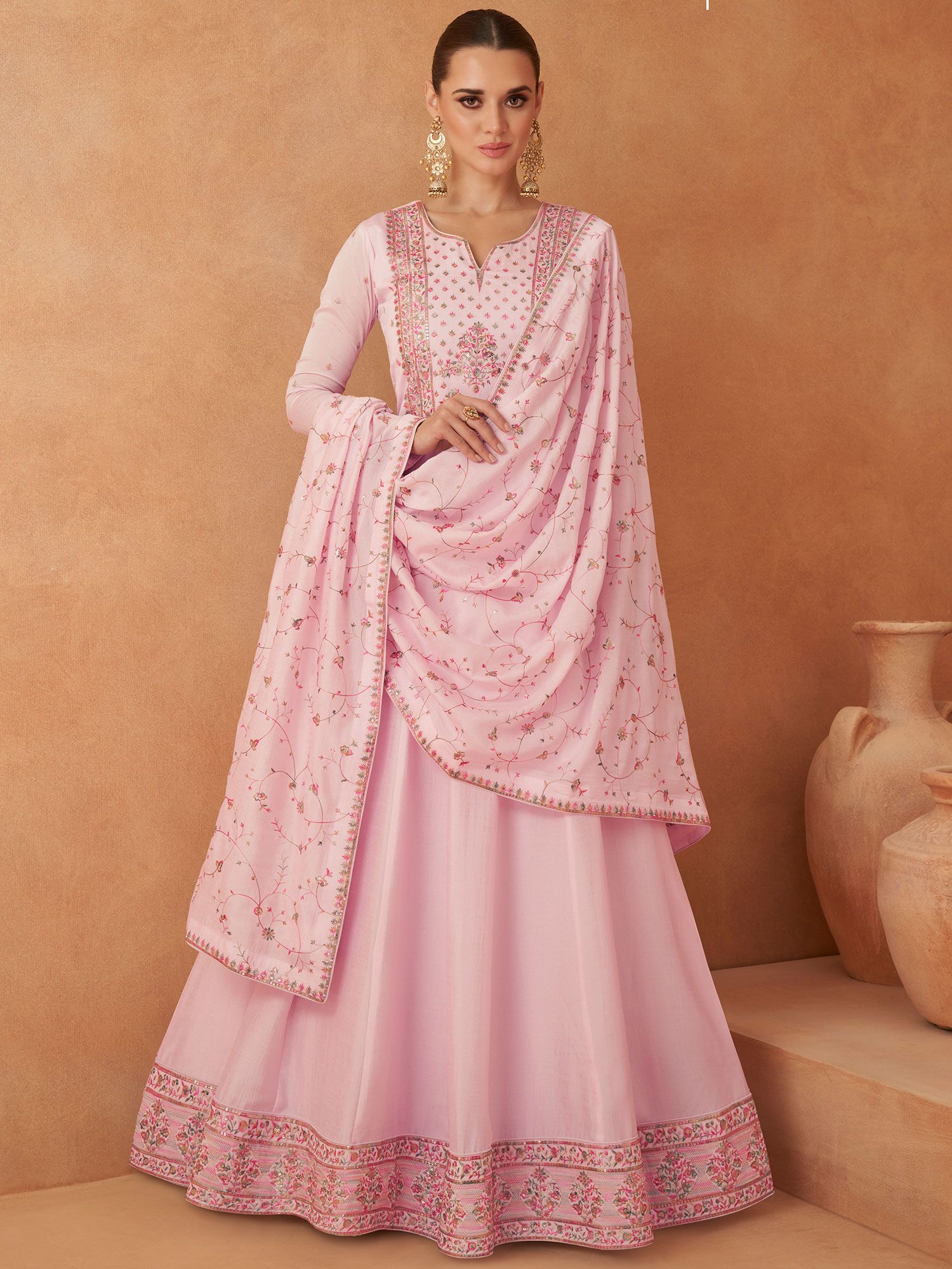 Pink Anarkali Style Suit With Floral Weaving
