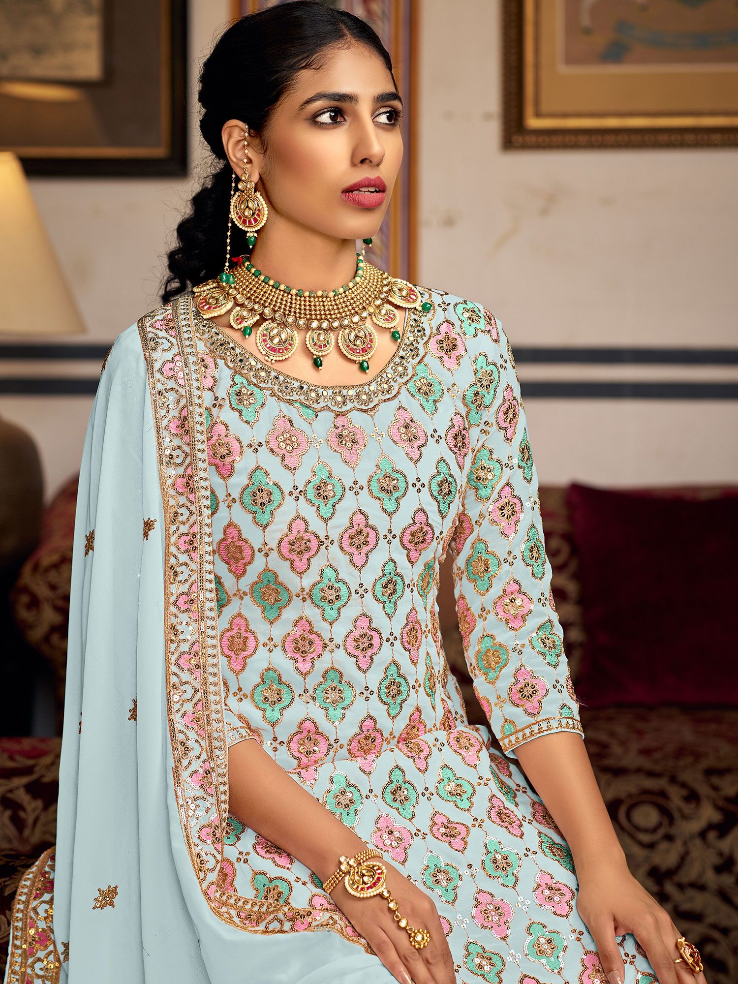 Turquoise Sequins Embellished Sharara Suit