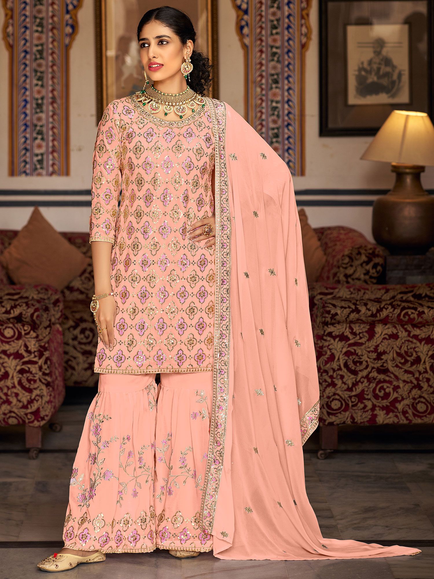 Peach Georgette Sharara Salwar Kameez