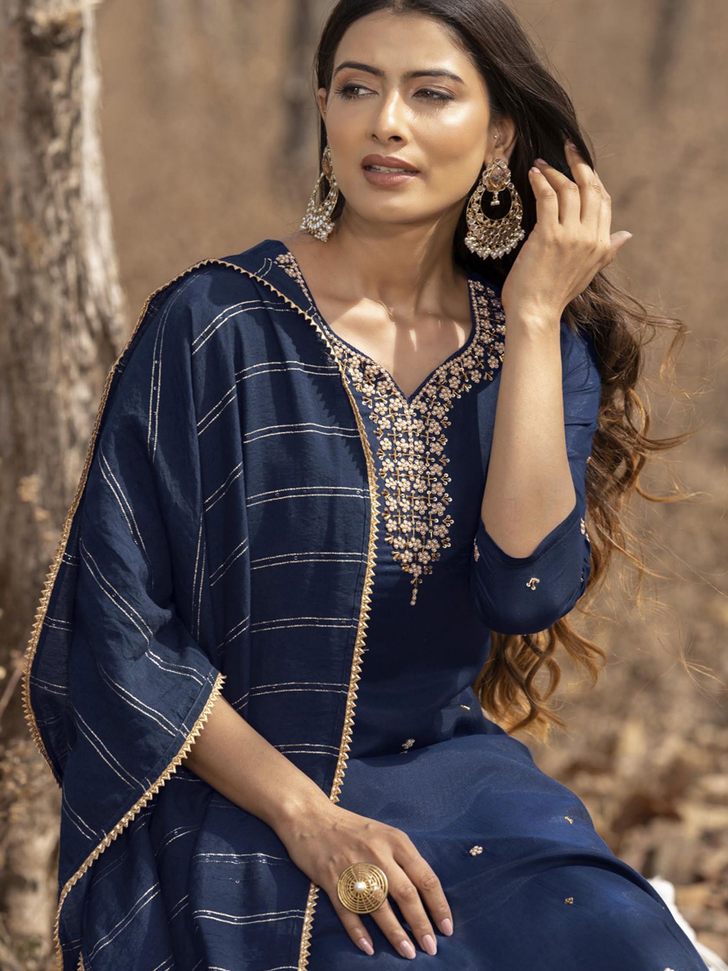 Blue Thread Work Readymade Pant Style Salwar Suit