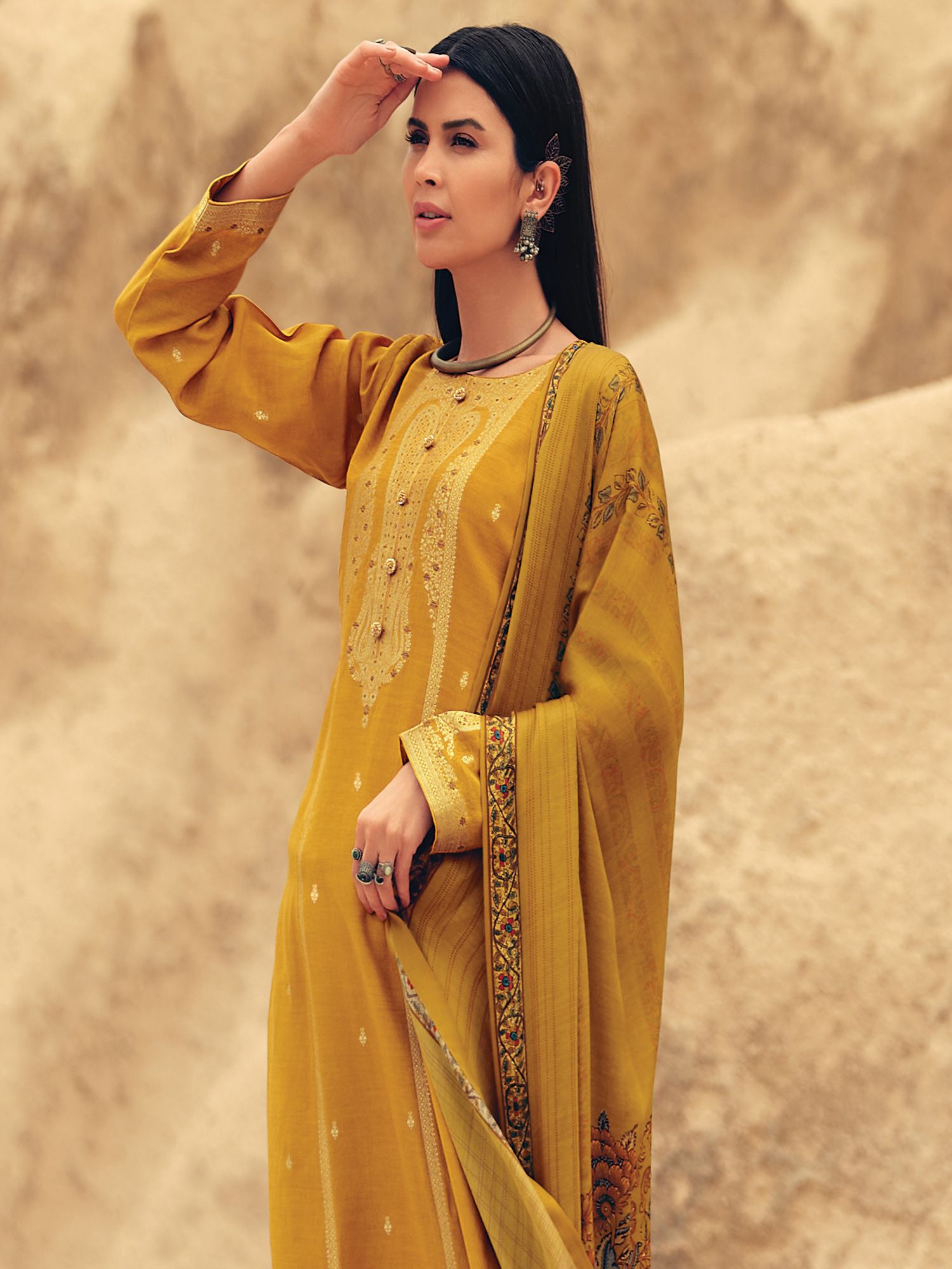 Yellow Pakistani Style Silk Salwar Suit With Palazzo Style