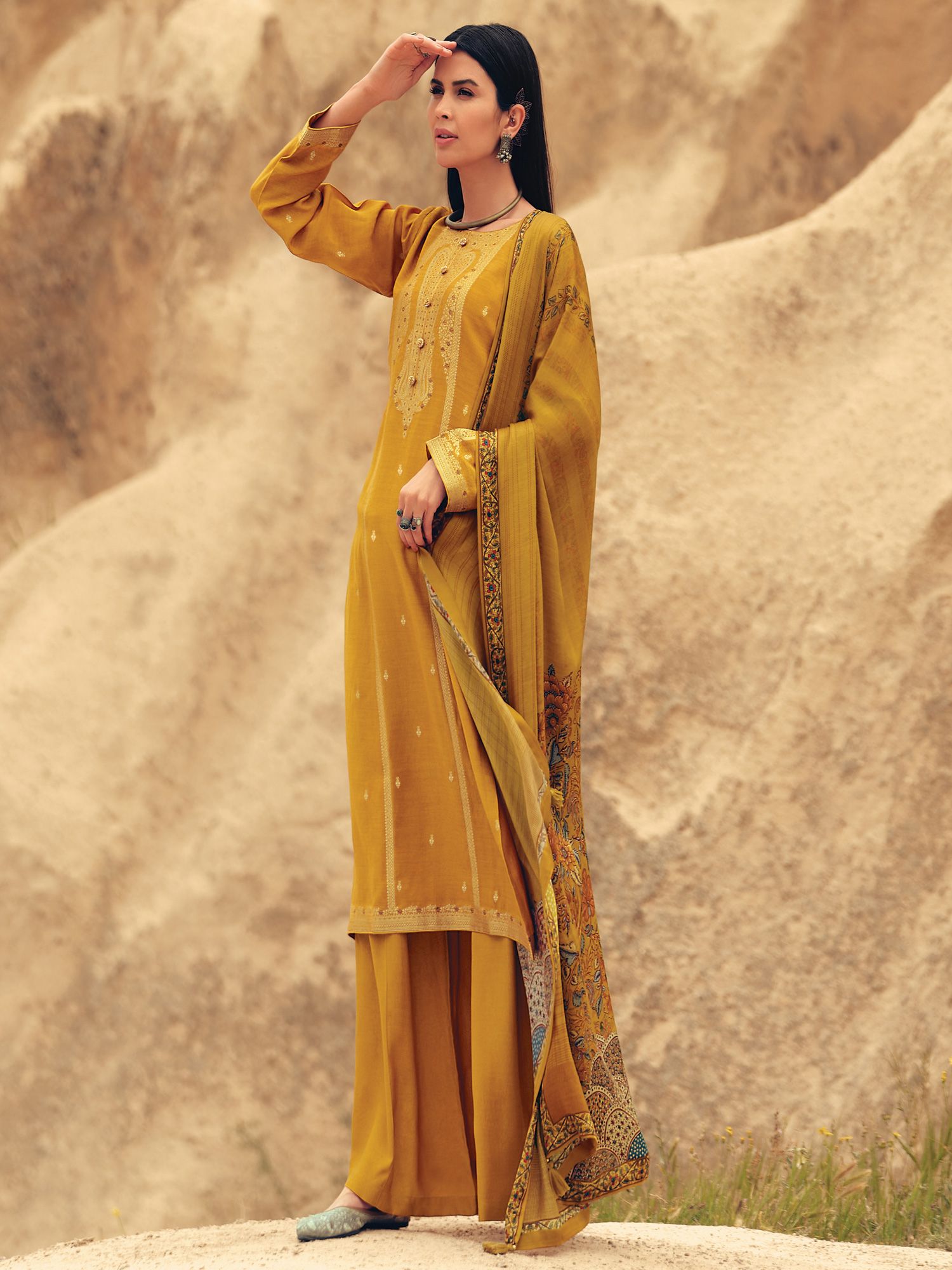 Yellow Pakistani Style Silk Salwar Suit With Palazzo Style