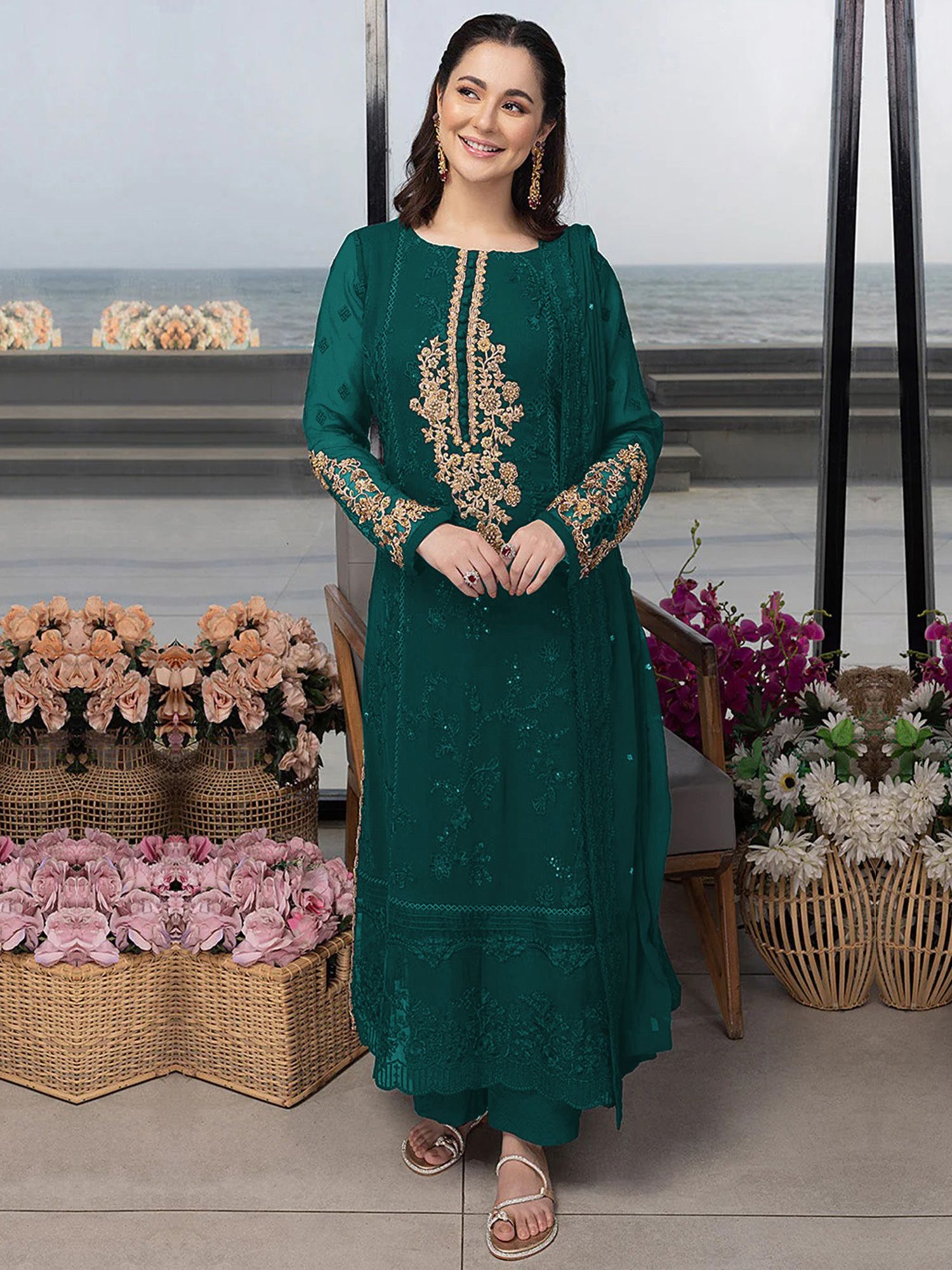 Rama Green Heavy Embroidered Palazzo Styled Suit