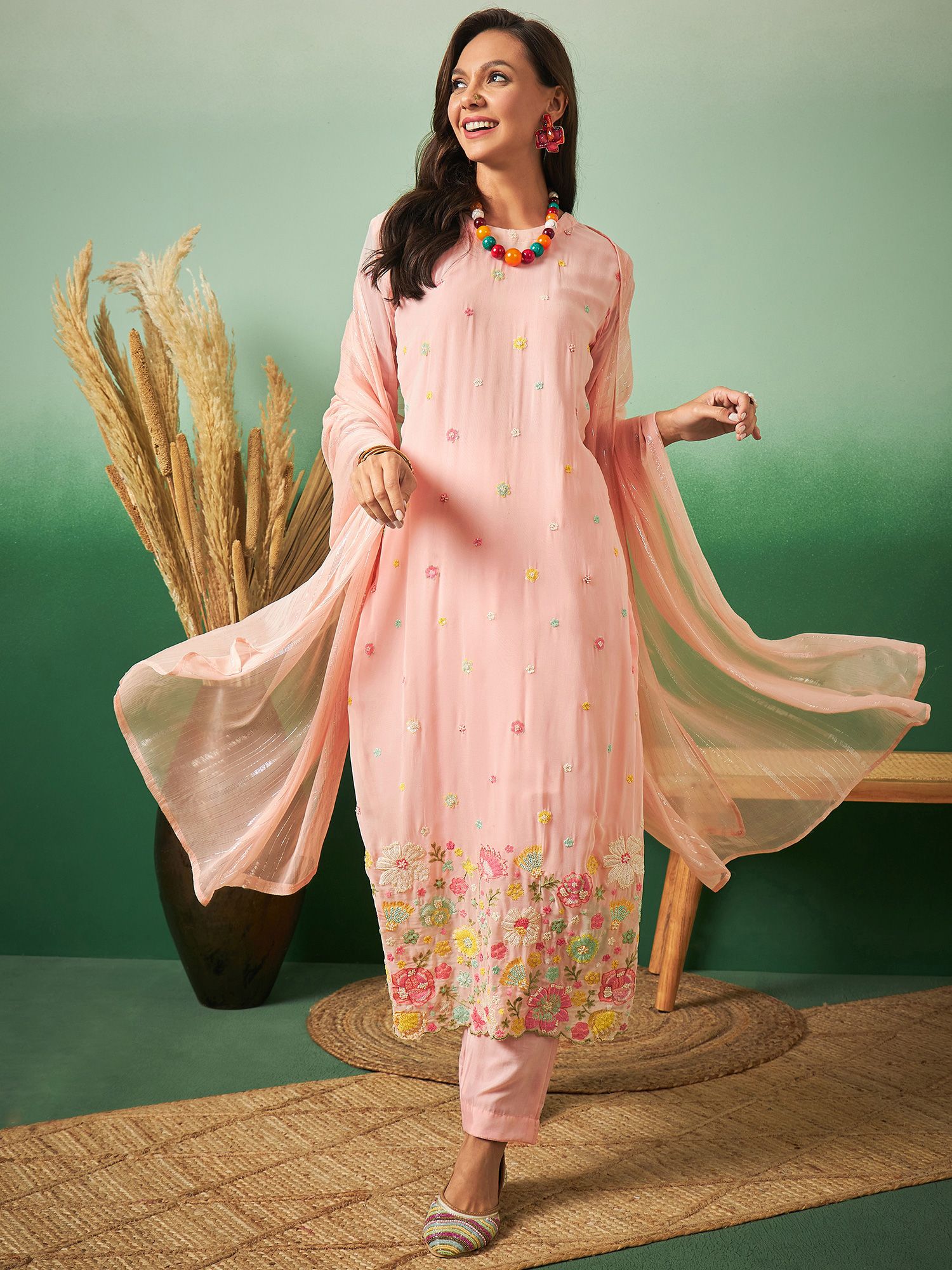 Peach Pant Salwar Kameez With Dupatta In Georgette