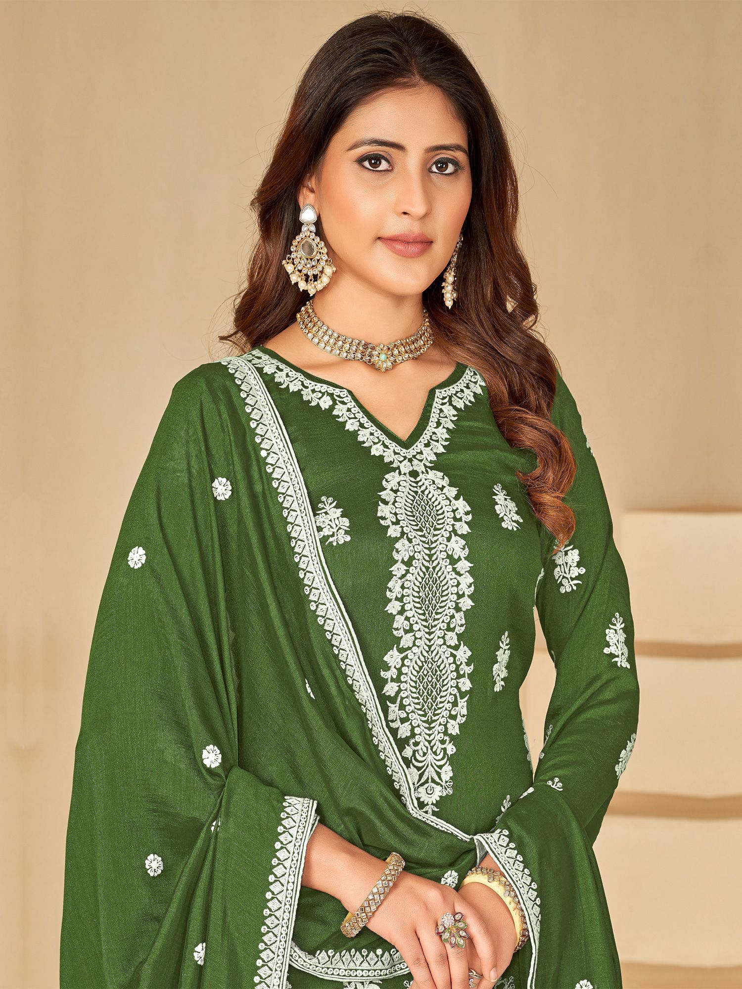 Green Palazzo Styled Thread Work Salwar Kameez In Silk