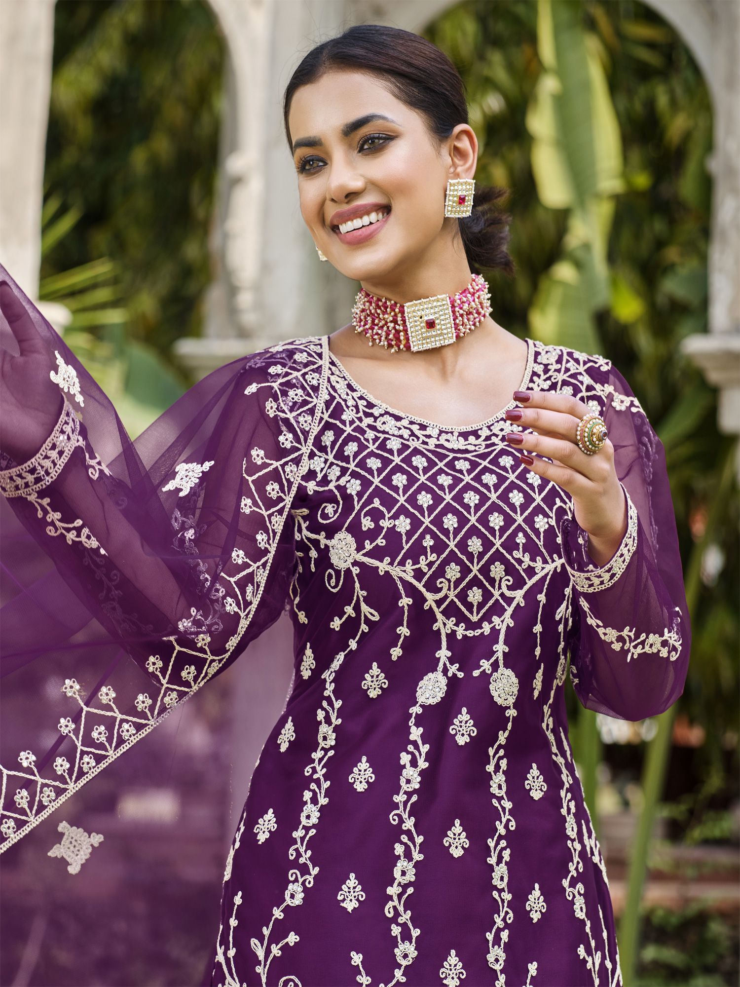 Purple Stone Work Palazzo Salwar Suit In Net