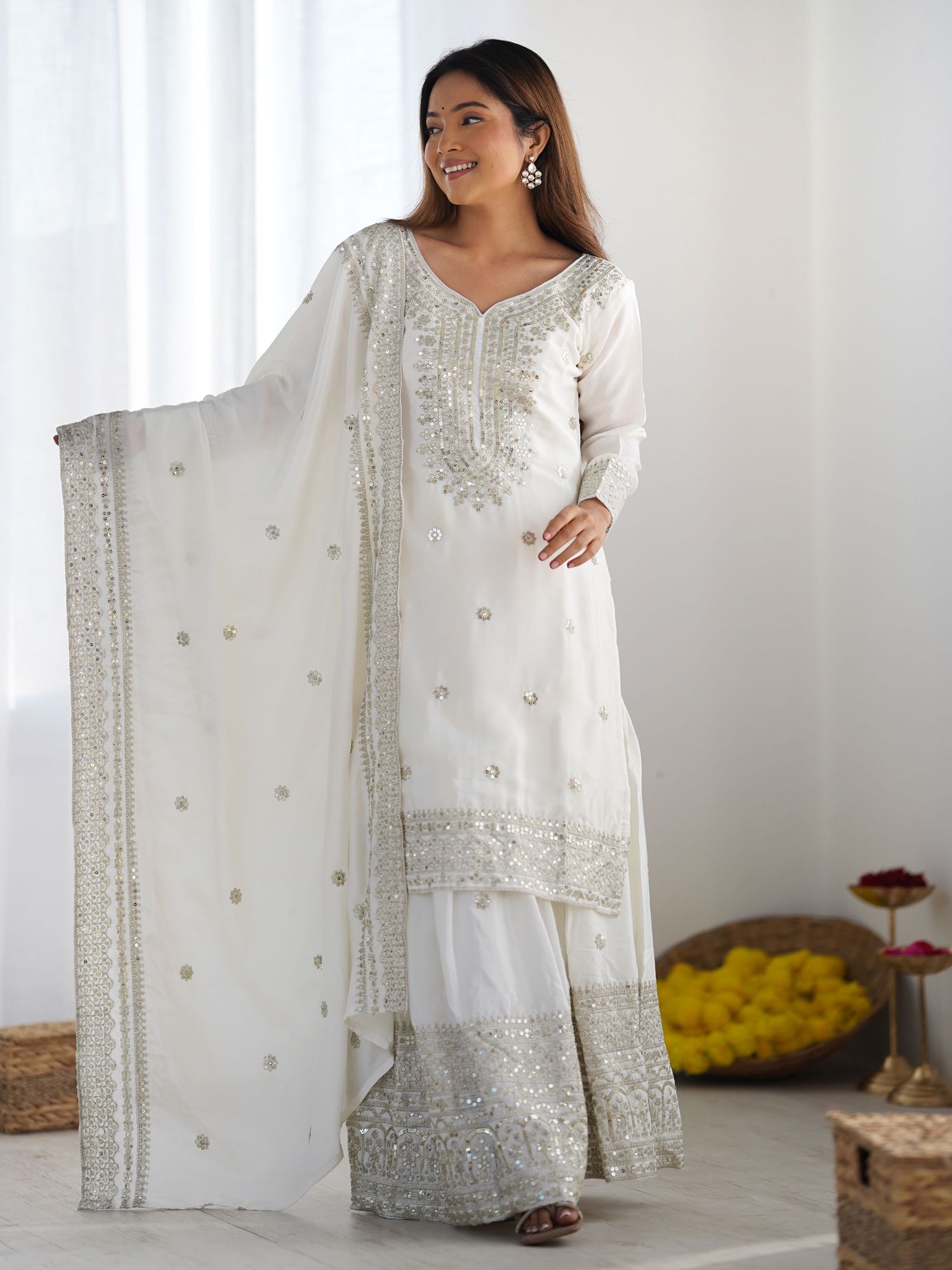 White Readymade Salwar Suit In Sequins Embellishment