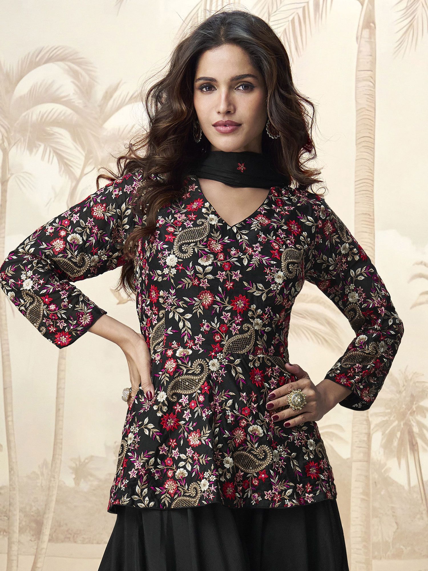 Black Silk Palazzo Style Suit With Flare Kameez