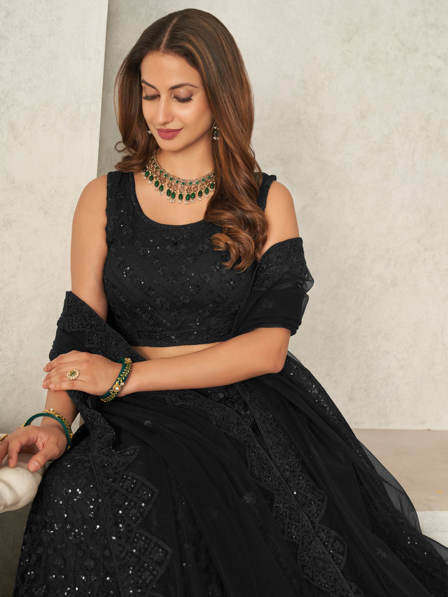 Black Thread Work Augmented Net Lehanga Choli