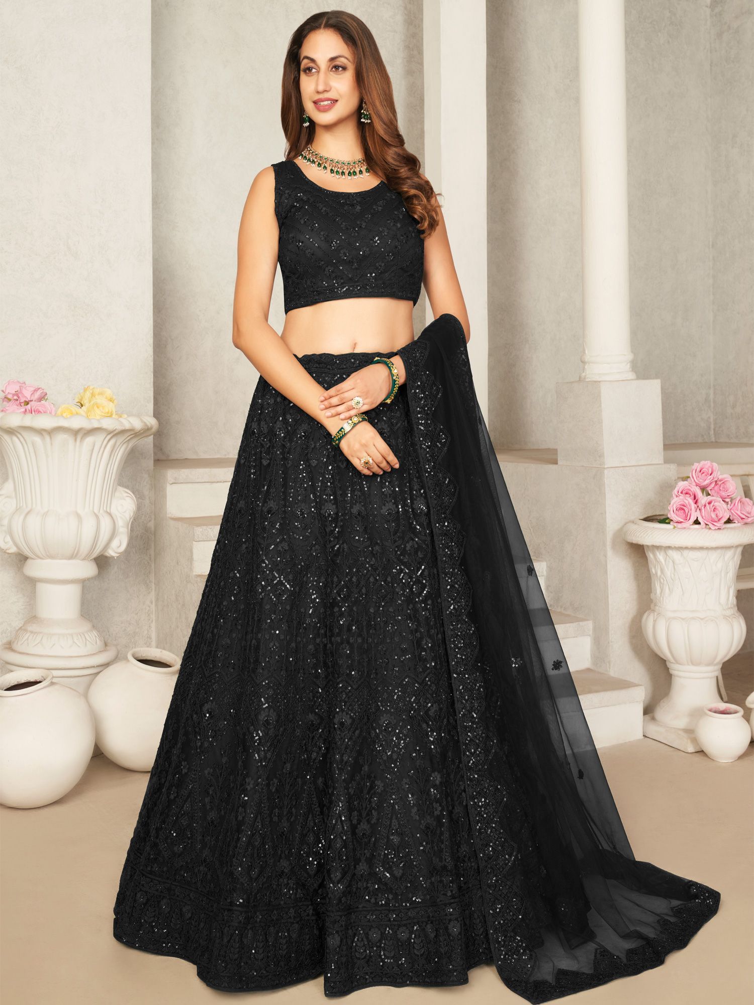 Black Thread Work Augmented Net Lehanga Choli