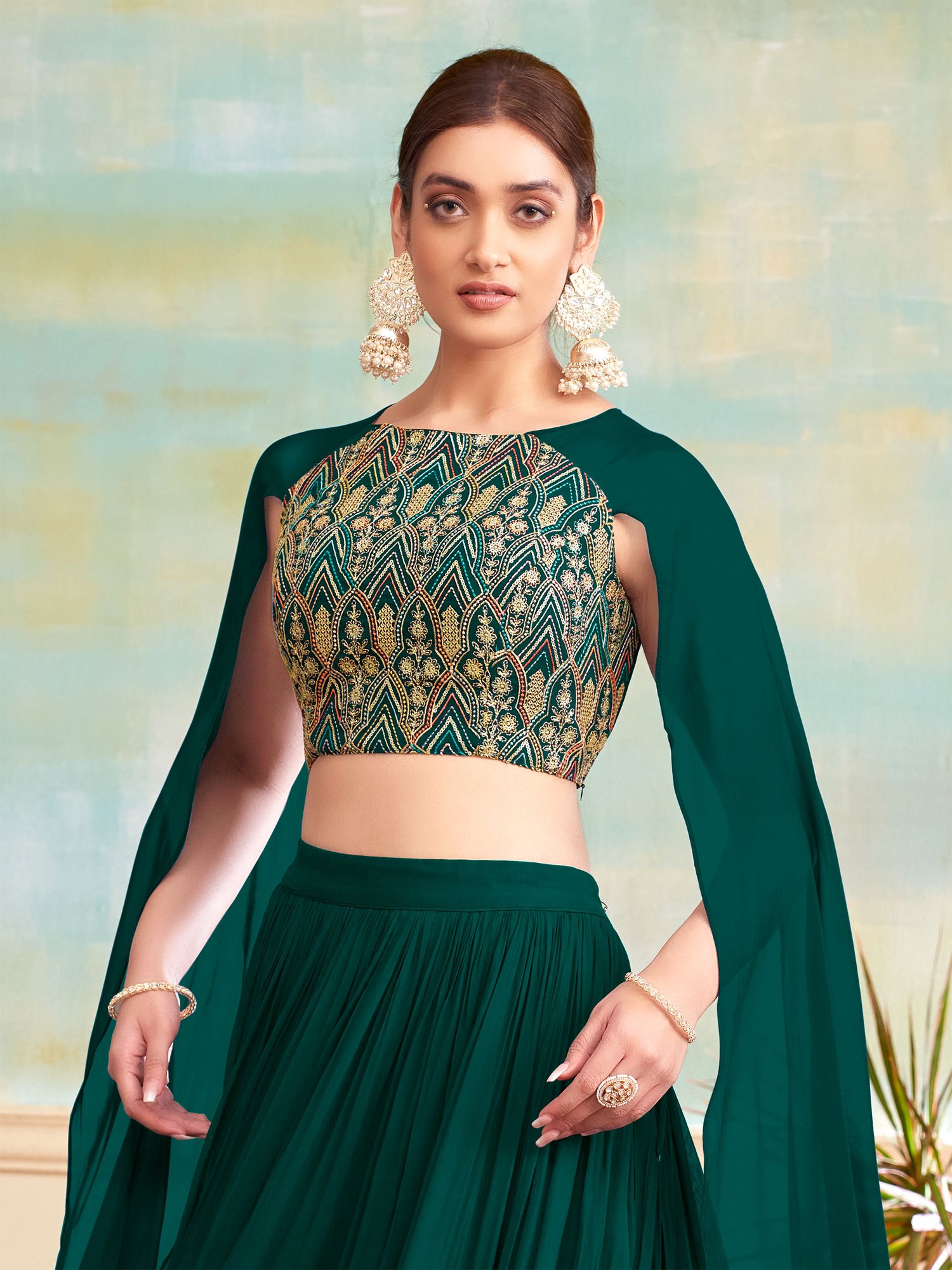 Dark Green Lehenga Choli In Georgette With Open Slevees