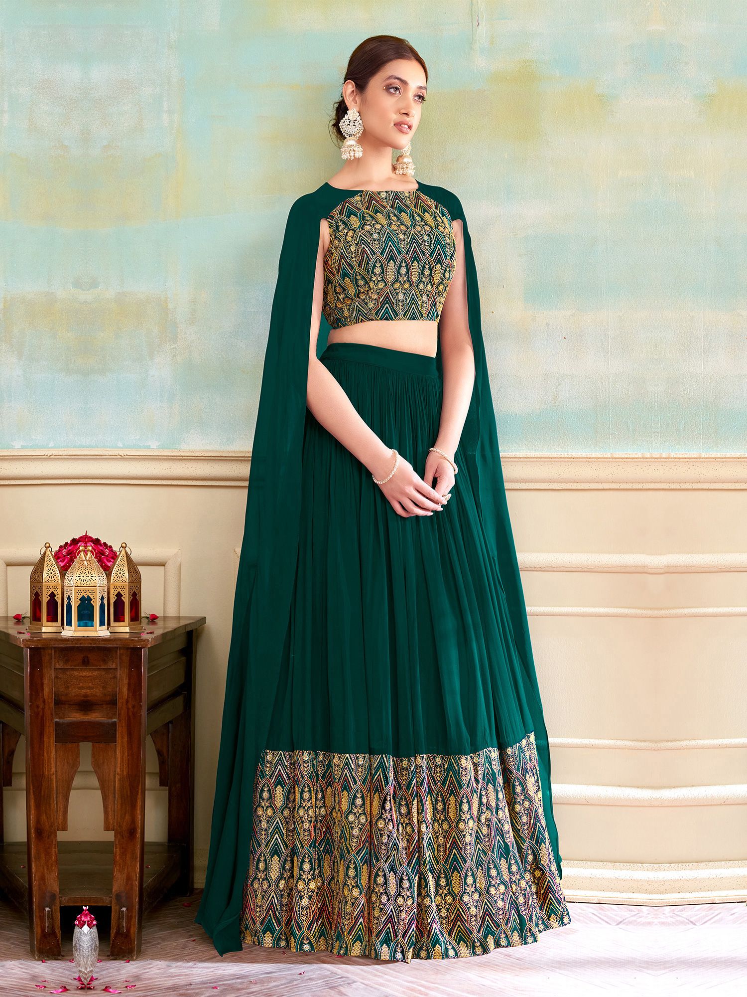 Dark Green Lehenga Choli In Georgette With Open Slevees