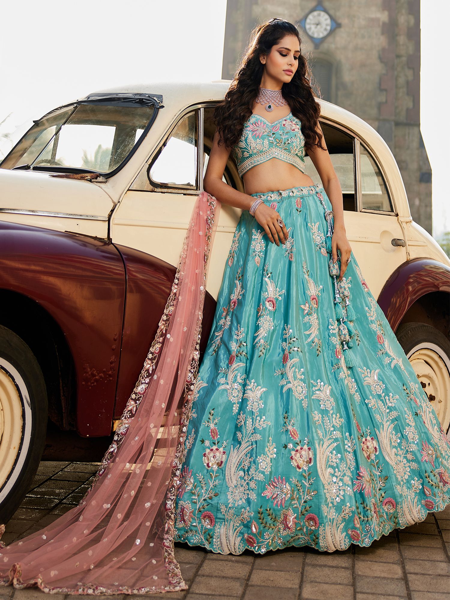 Turquoise Wedding Lehenga Choli With Net Dupatta