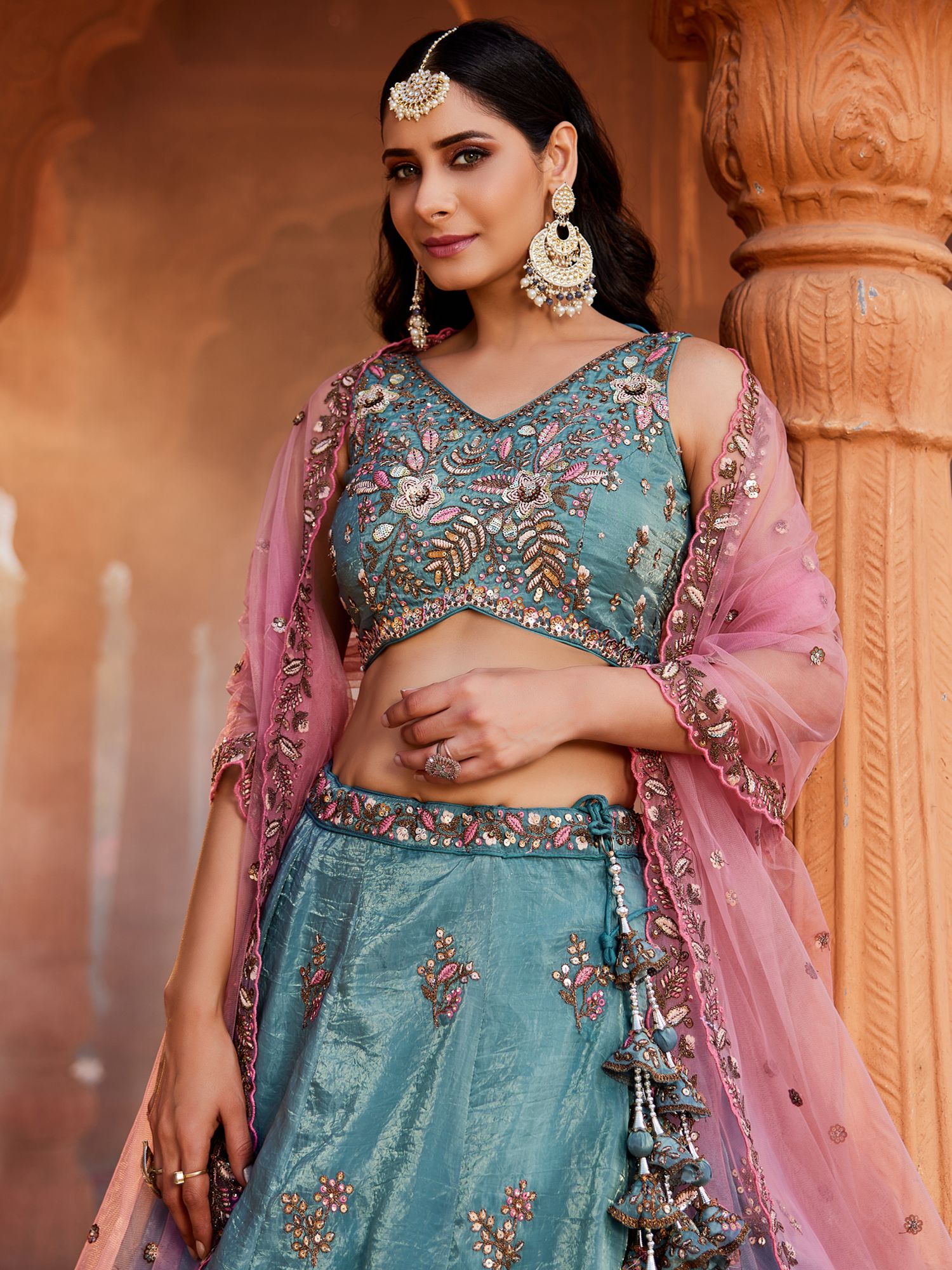 Blue Floral Thread Embellished Lehenga Set