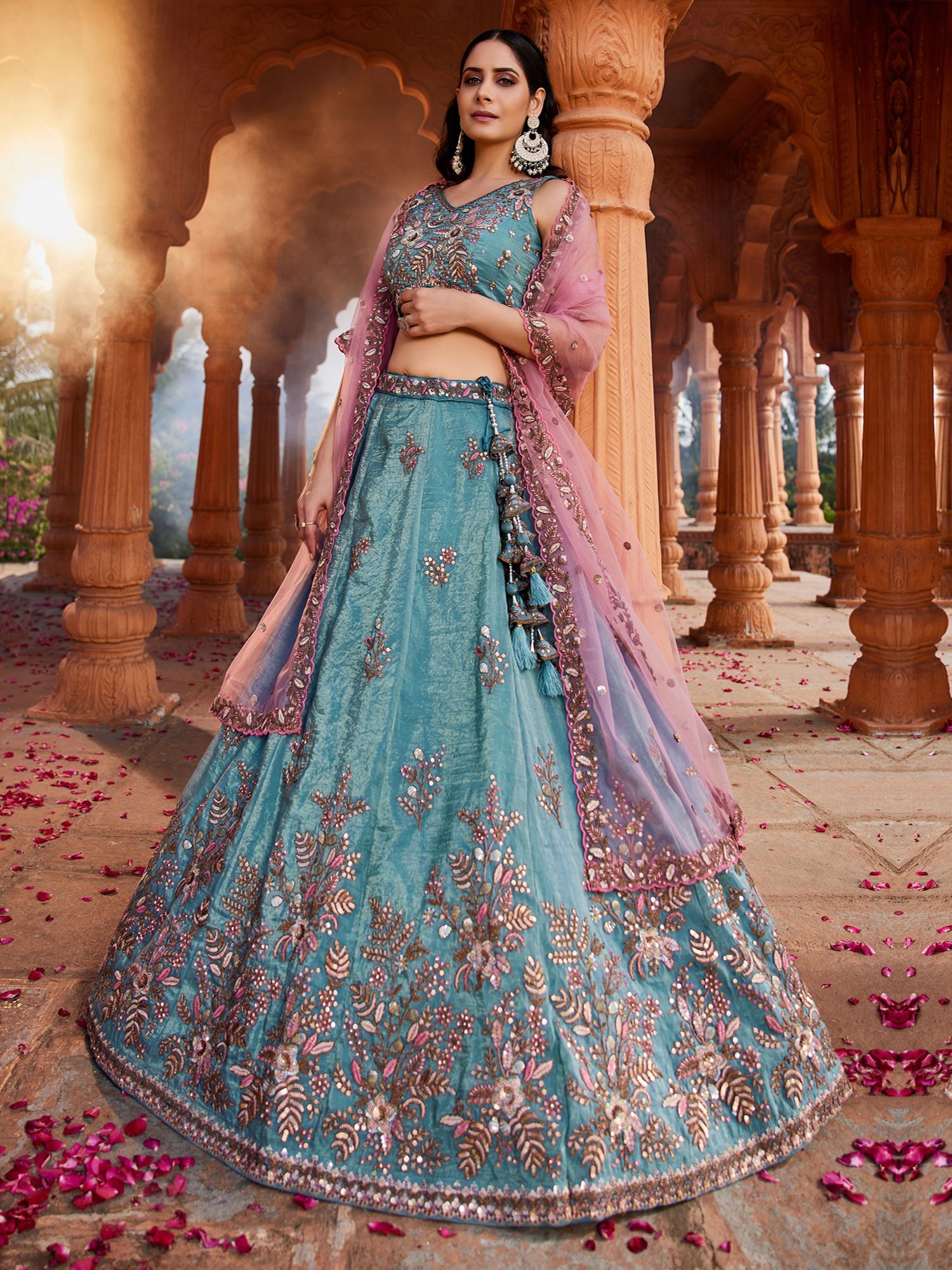 Blue Floral Thread Embellished Lehenga Set