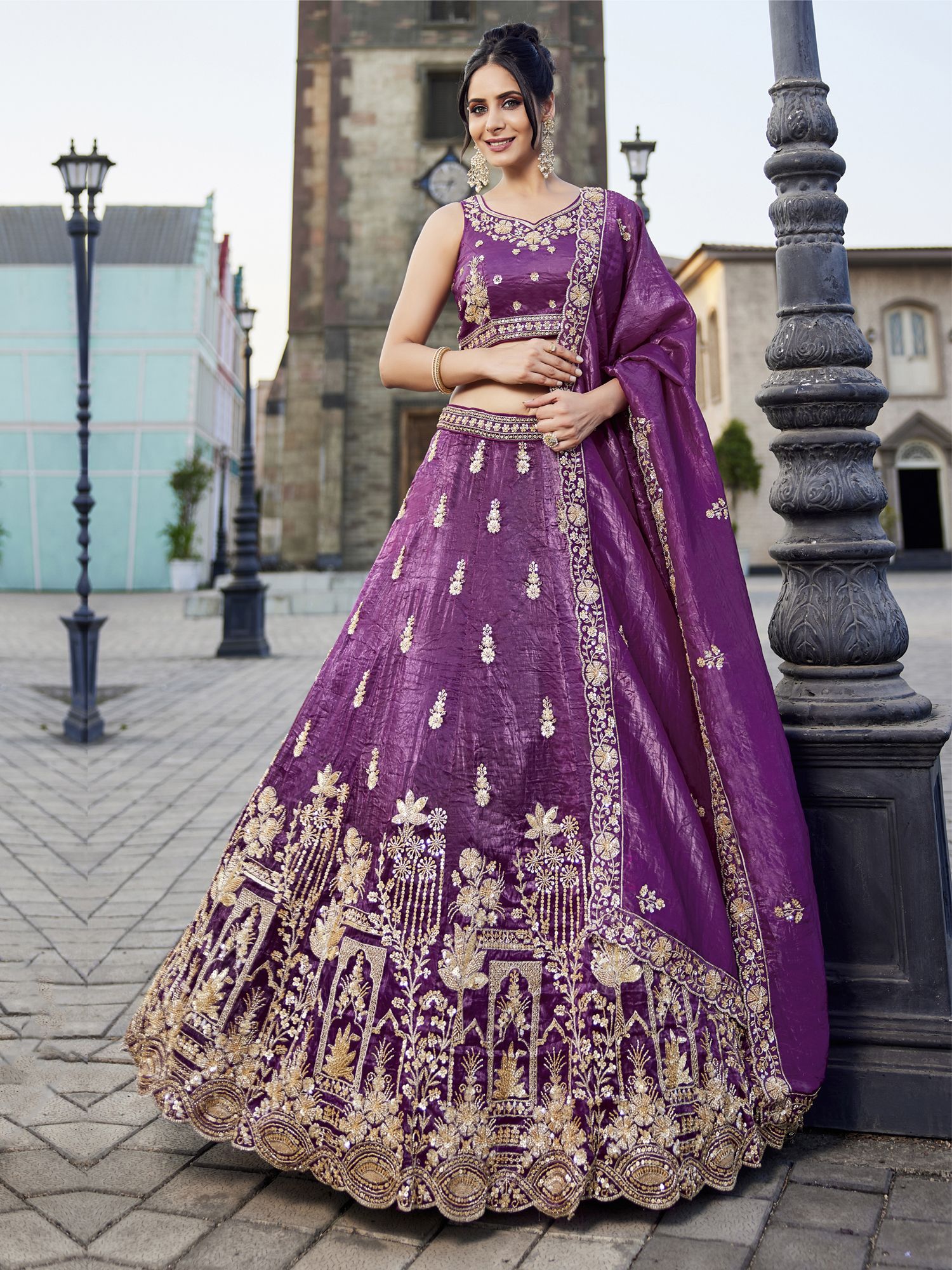 Deep Purple Silk Lehenga Set In Zari Embroidery