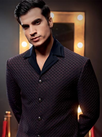 Blue Collar Style Embroidered Indo Western