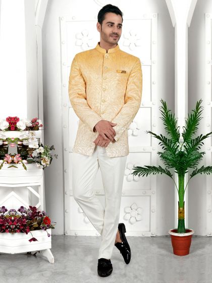 Yellow Shaded Silk Embroidered Jodhpuri Set