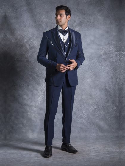 Dark Blue Tuxedo Suit Augmented With Metalic Strip